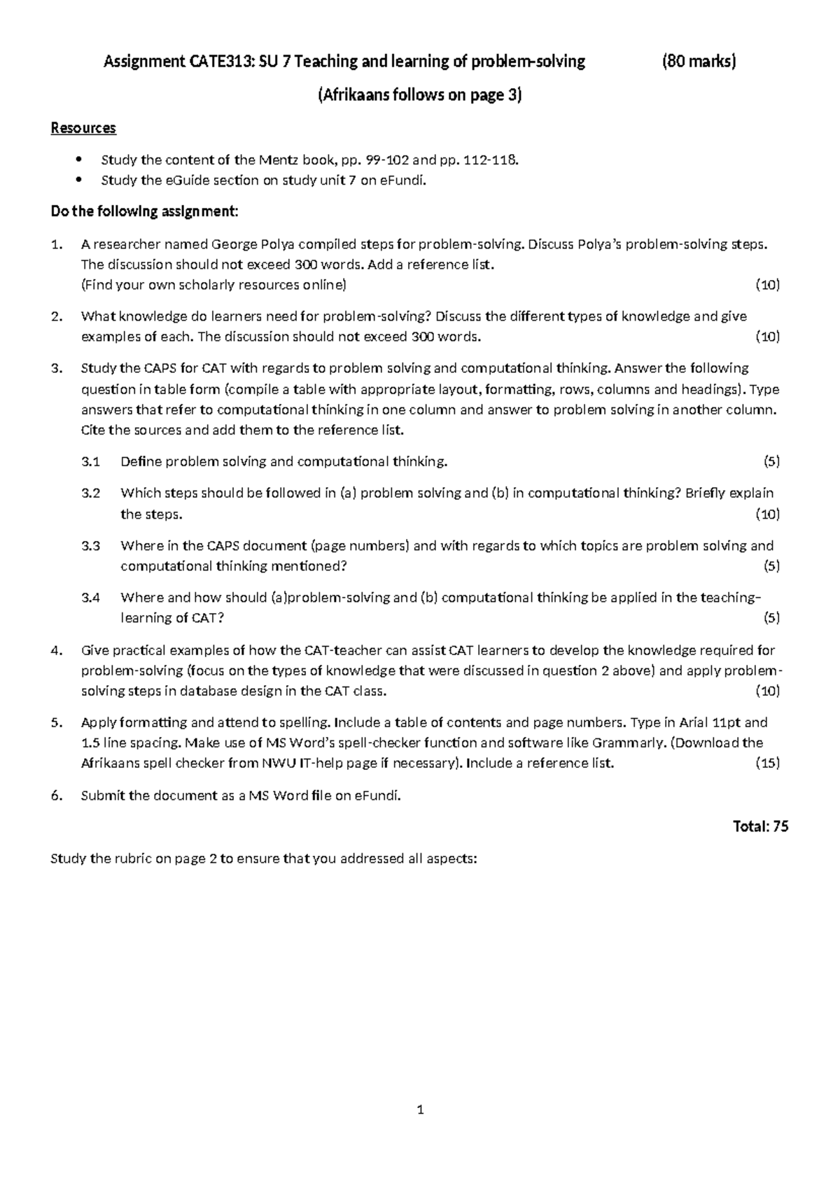Assignment - SU7 Problem-solving - Assignment CATE313: SU 7 Teaching ...