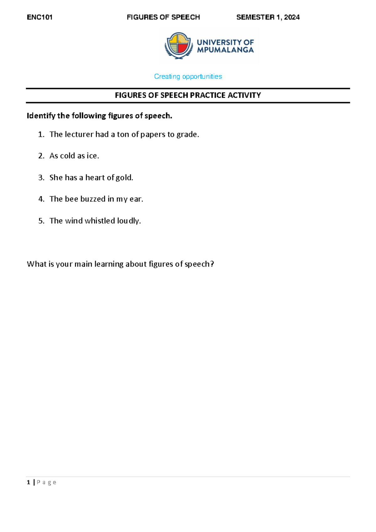 Semester 1 Week 4 Figures of Speech Practice Activity - ENC101 - ENC1 ...