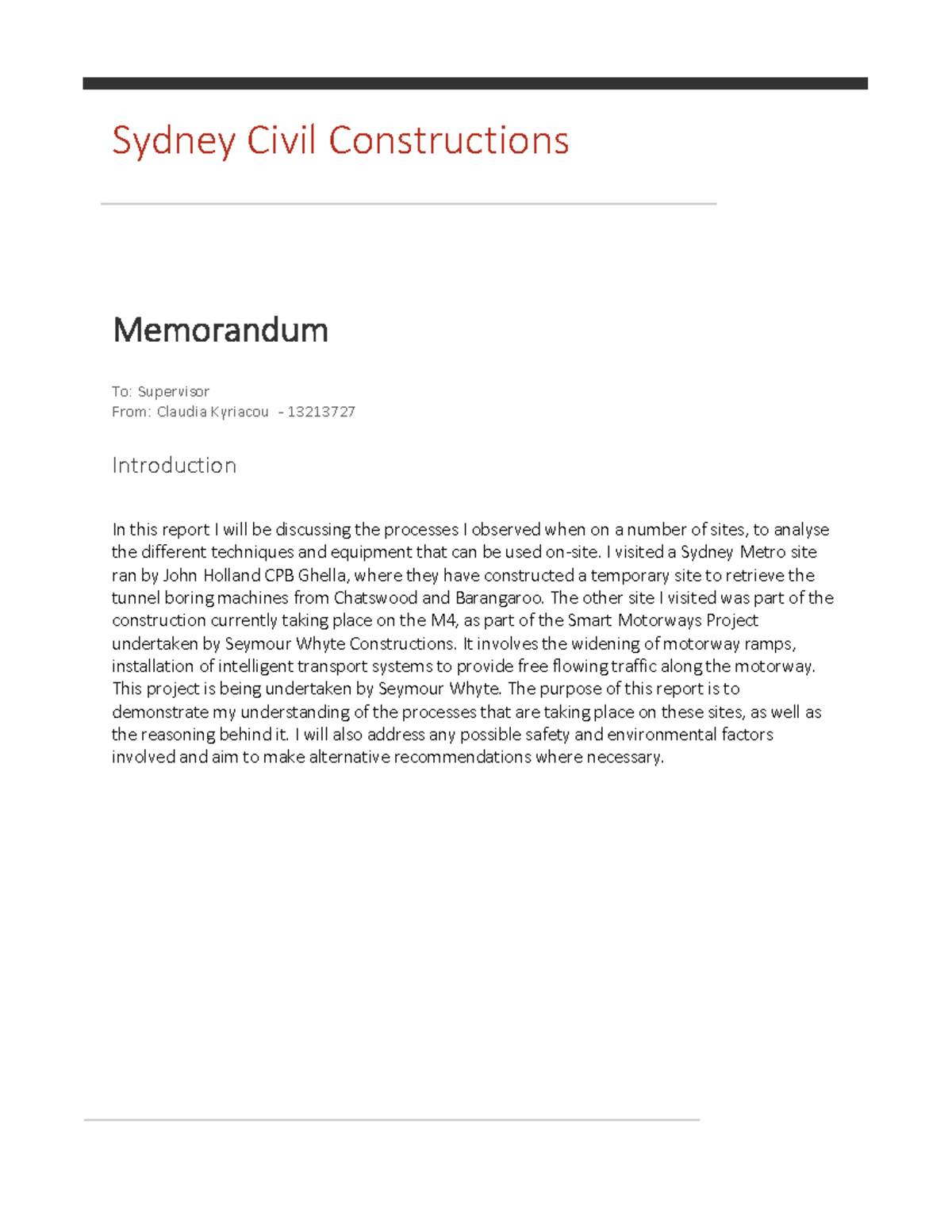 Construction Final Project 1 - Sydney Civil Constructions Memorandum To ...