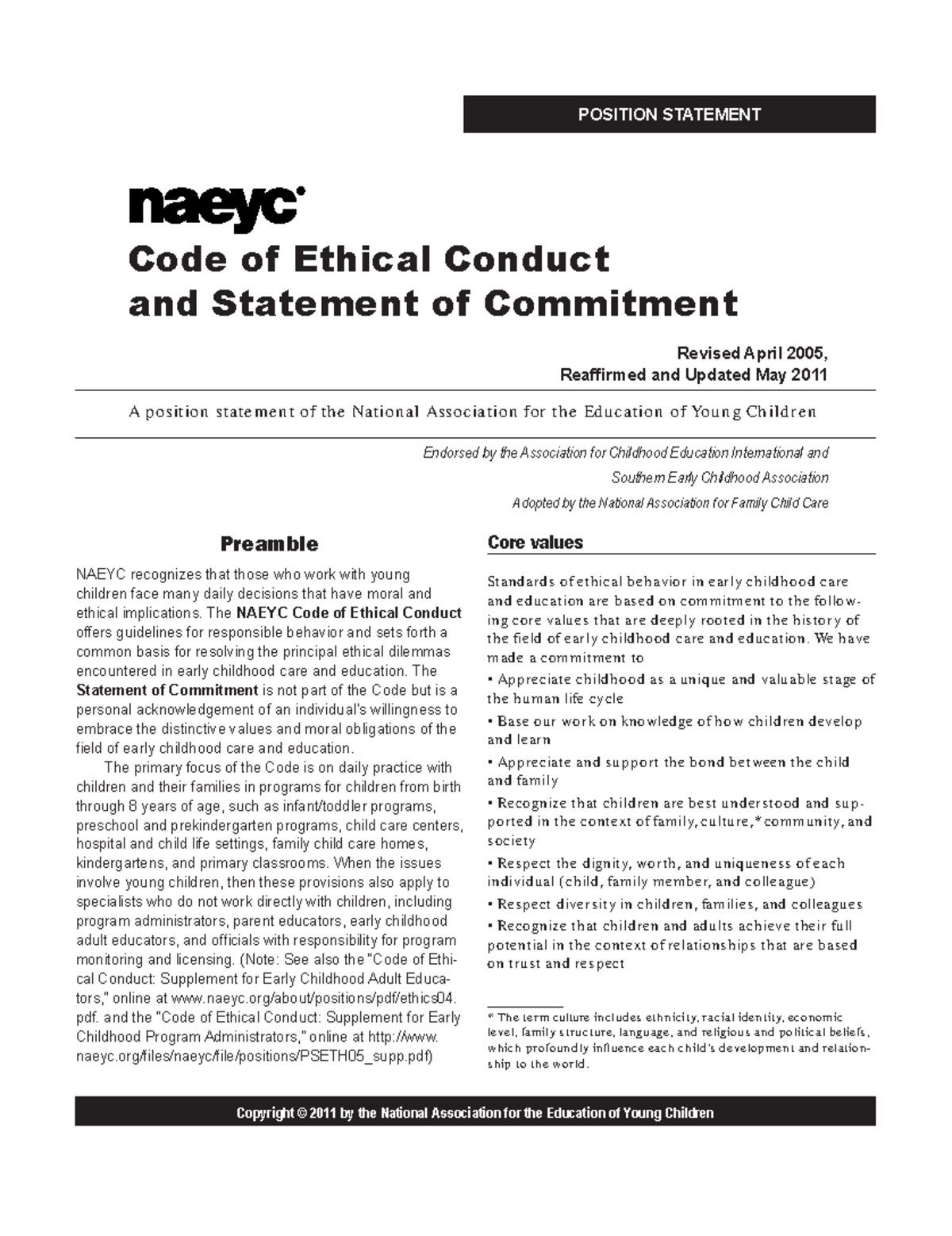 Code of Ethical Conduct and Postion Statement article - Code of Ethical ...