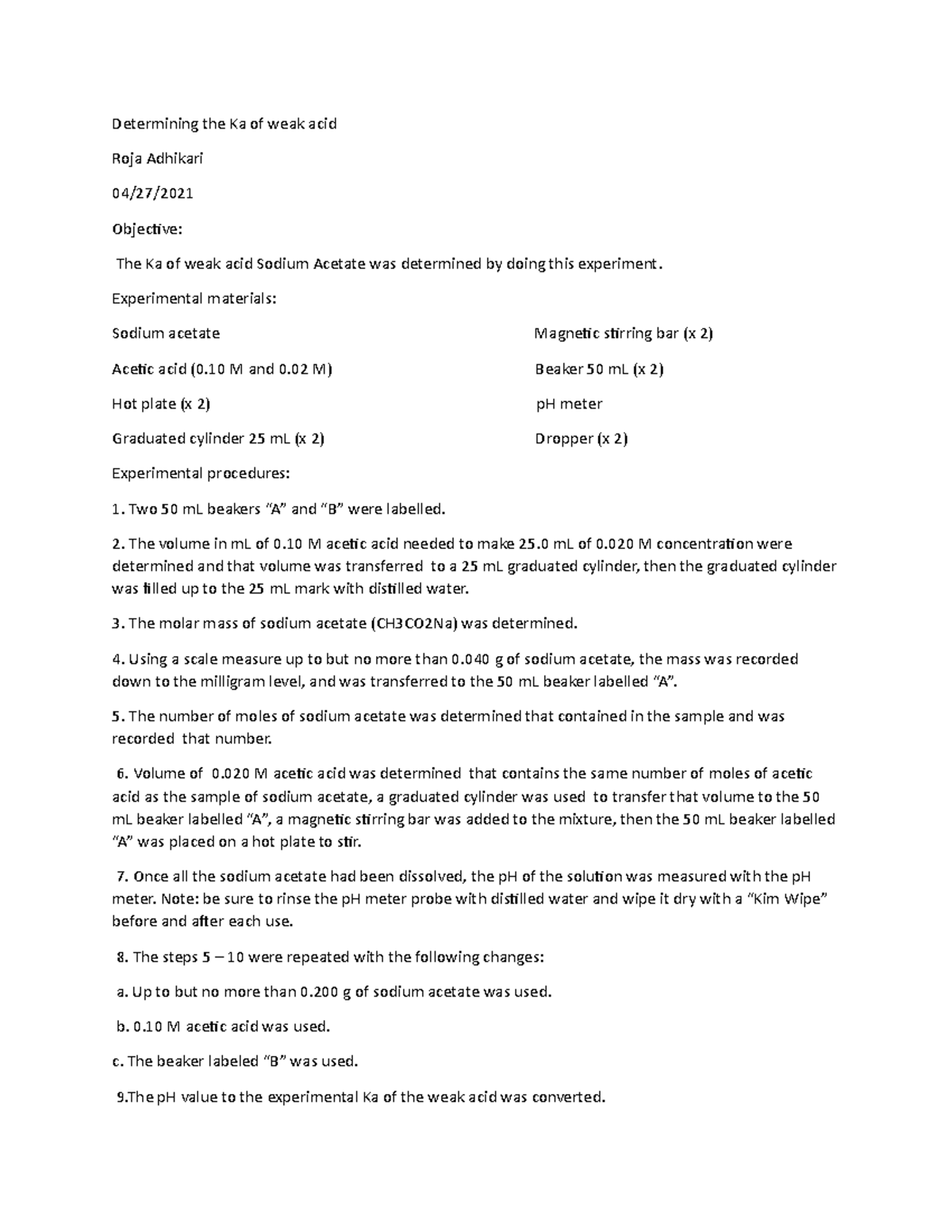 Chem lab 5 Determining the Ka of weak acid - SCC 110 - LaGuardia - Studocu