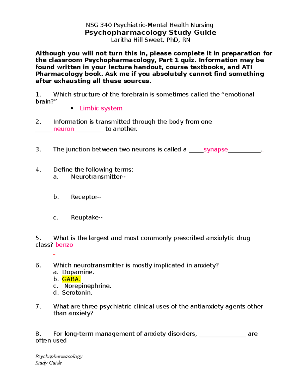 Psychopharmacology Take-Home Study Guide - NSG 340 Psychiatric-Mental ...