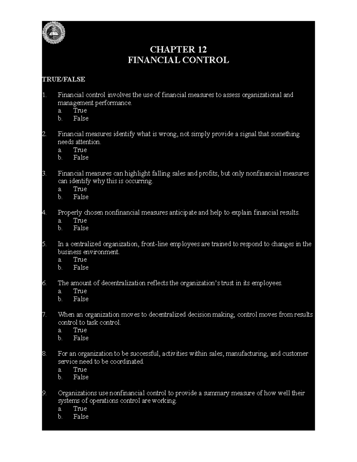 CHAP 12 MANAGEMENT ACCOUNTING PRACTICE TEST CHAPTER 12 CHAPTER 12