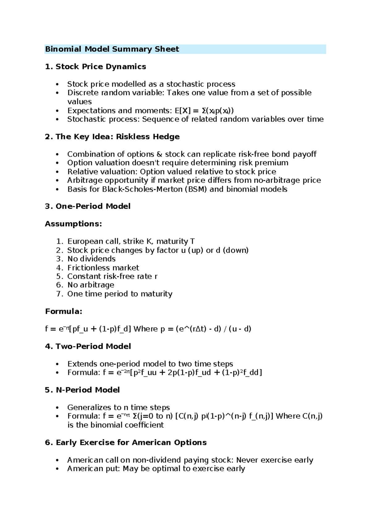 Deriv topic summary sheets - Binomial Model Summary Sheet 1. Stock ...