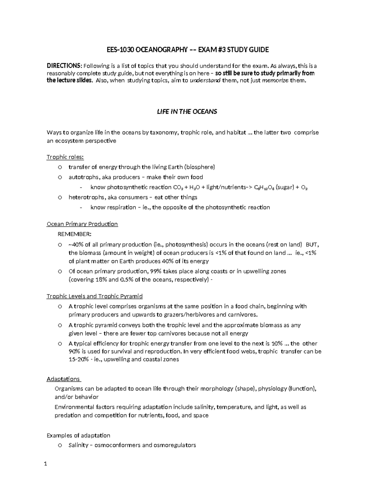 2023 Exam #3 study guide - EES-1030 OCEANOGRAPHY –– EXAM #3 STUDY GUIDE DIRECTIONS: Following is ...