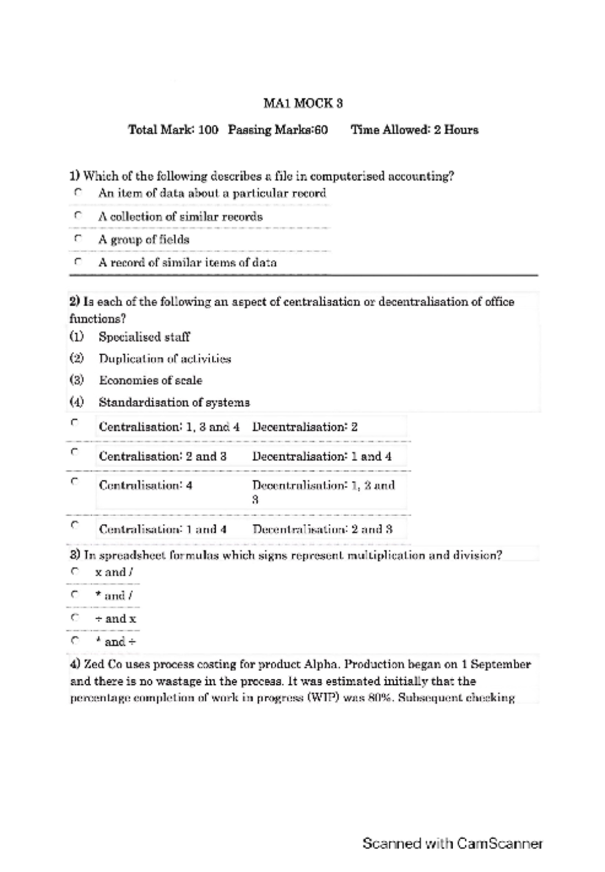 MA1 Mock 3 -Ma1 Acca Practice test - MA1 MOCK 3 Total Mark: 100 Passing ...
