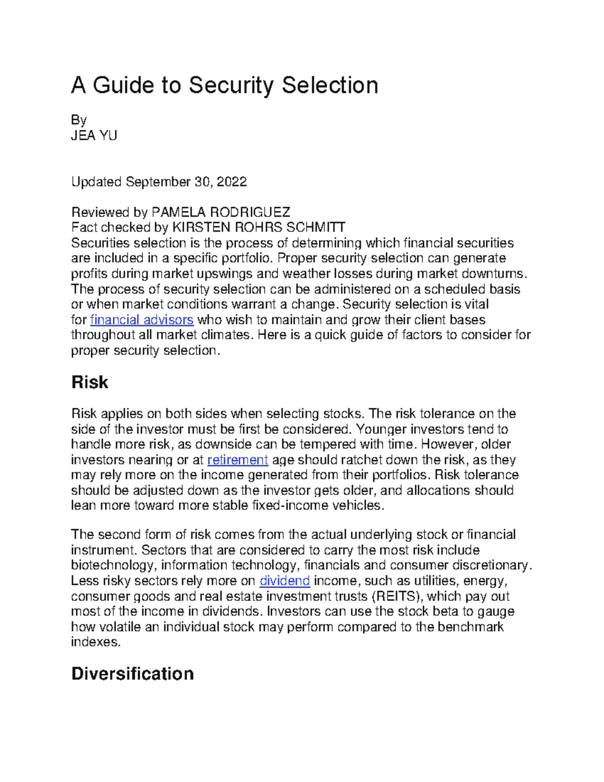 A Guide to Security Selection - A Guide to Security Selection By JEA YU ...