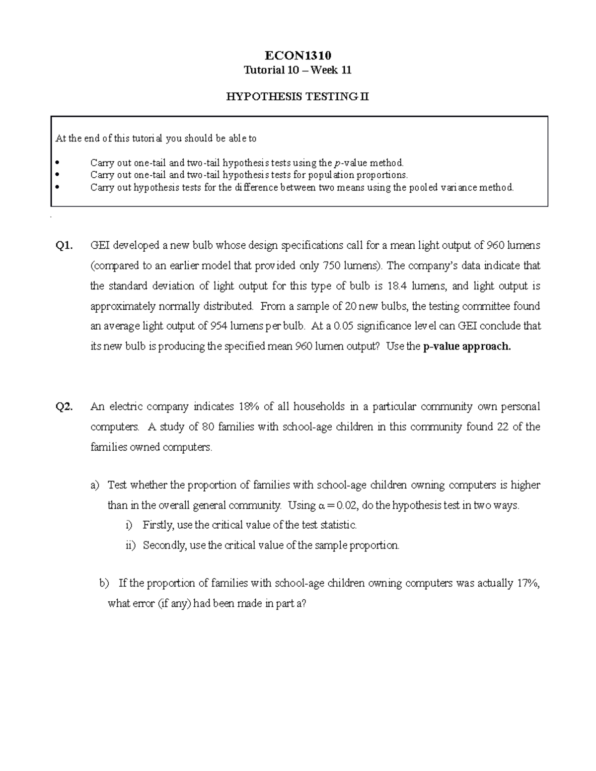 ECON1310 Tutorial 10 - ECON Tutorial 10 – Week 11 HYPOTHESIS TESTING II ...