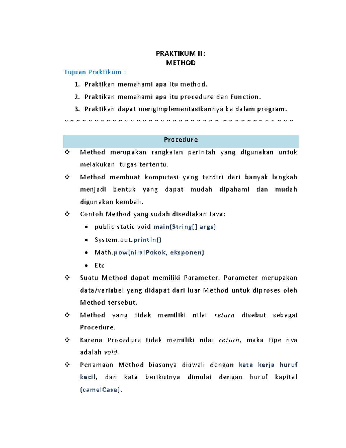 Modul Praktikum Method - PRAKTIKUM II : METHOD Tujuan Praktikum : 1 ...