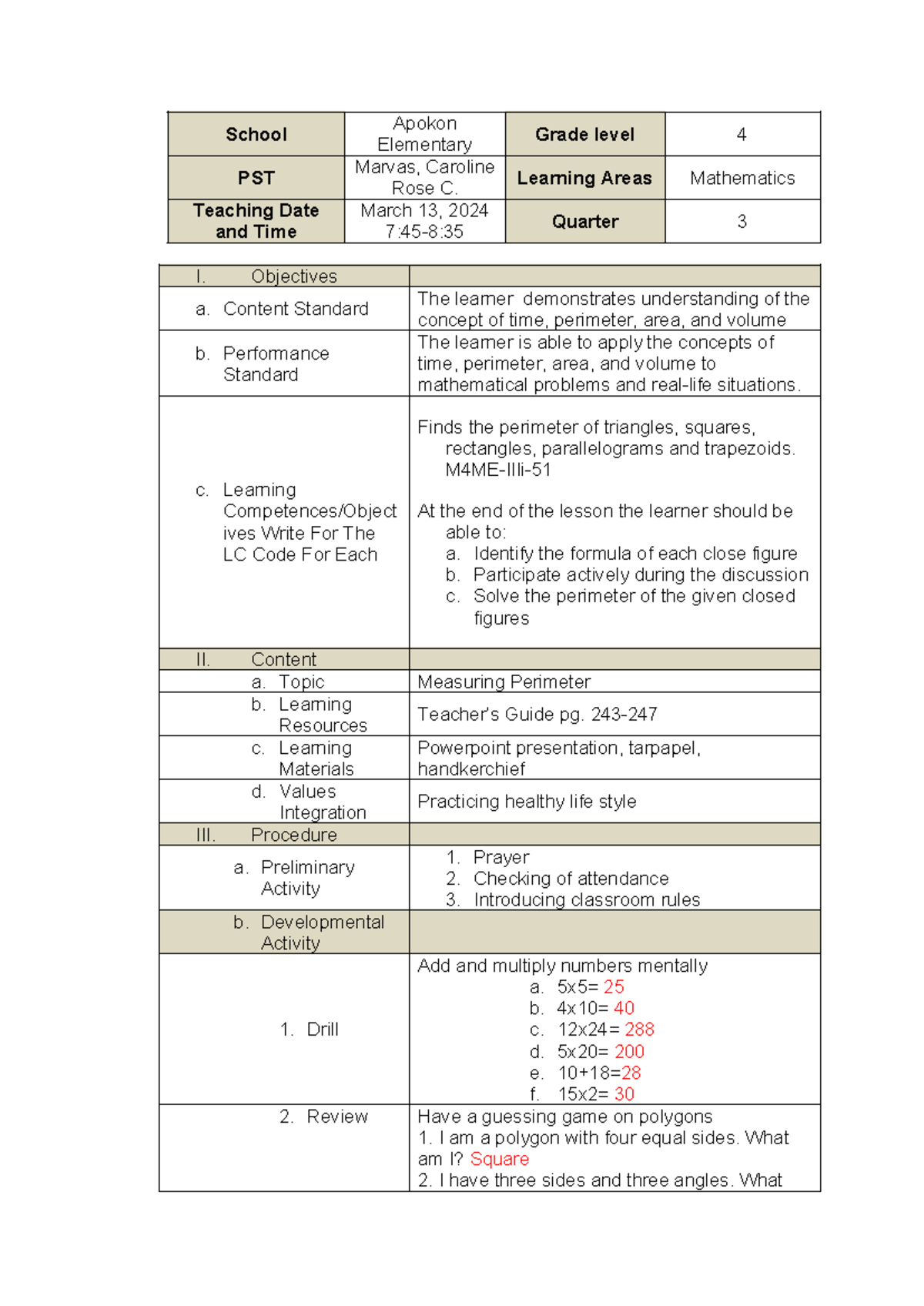 Lesson Plan in Measuring Perimeter - School Apokon Elementary Grade ...