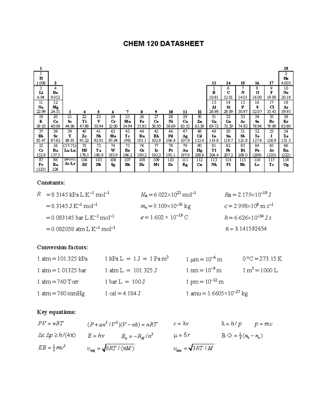 CHEM Datasheet - Data Sheet of equations needed - &+(0 '$7$6+(( 7 ...