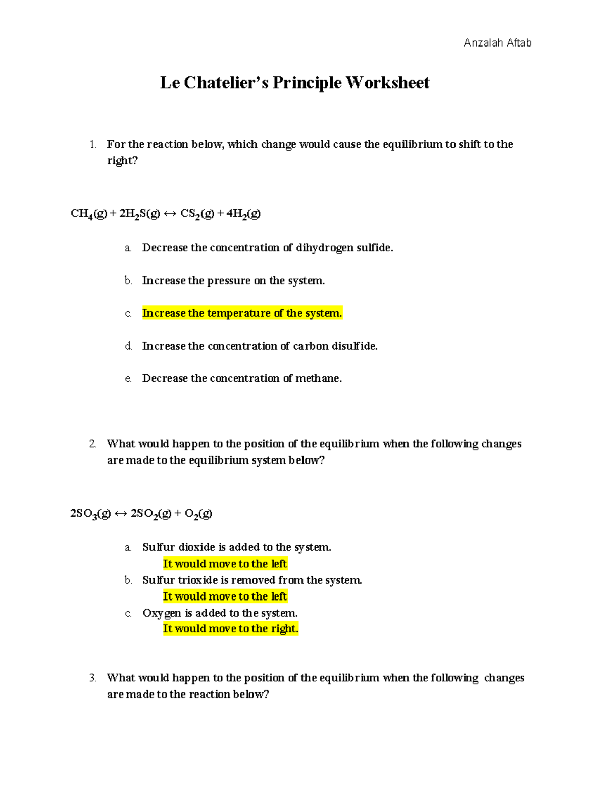 Le Chatelier’s Principle Worksheet - Anzalah Aftab Le Chatelier’s ...