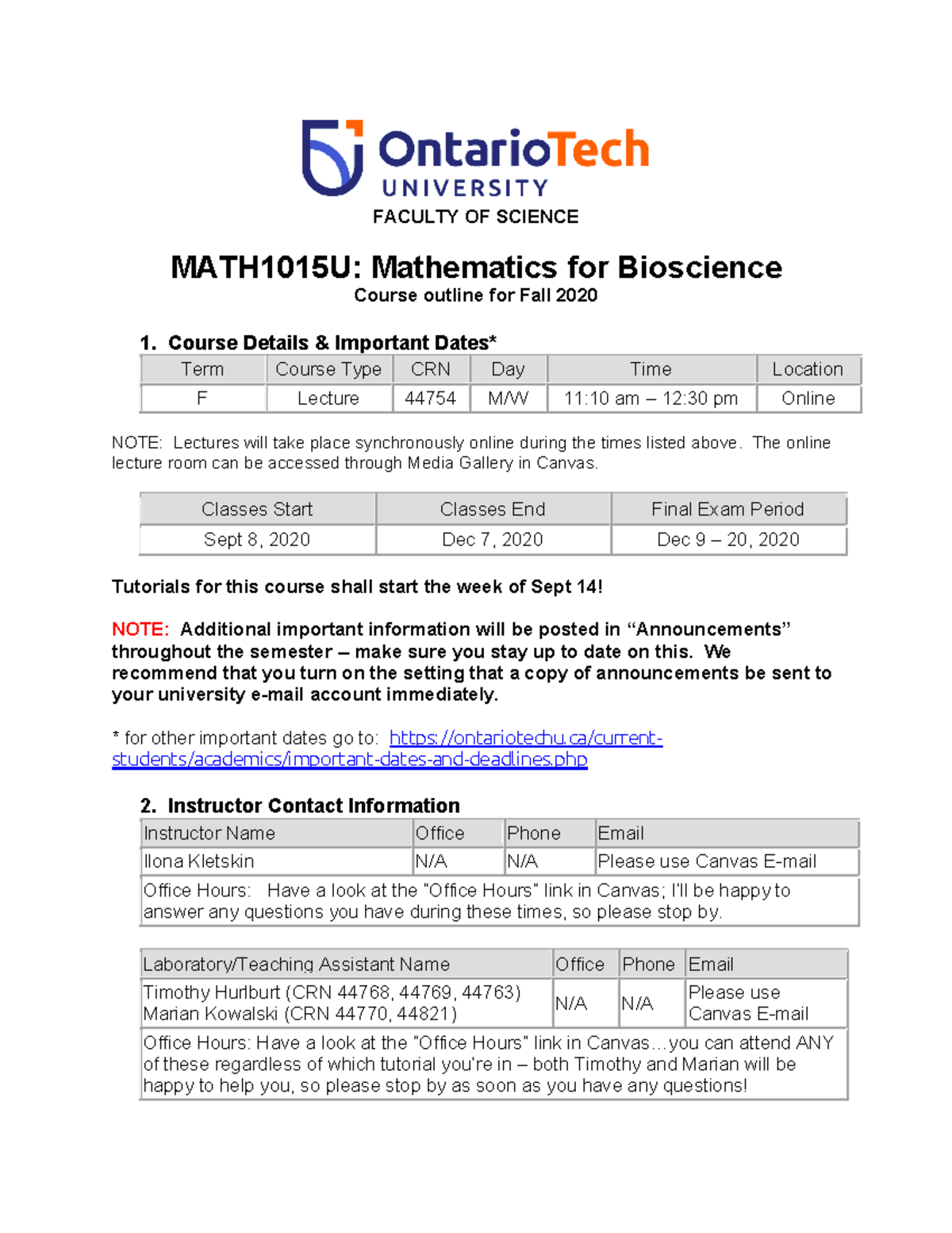 Syllabus 1015 f20 - idk - FACULTY OF SCIENCE MATH1015U: Mathematics for ...