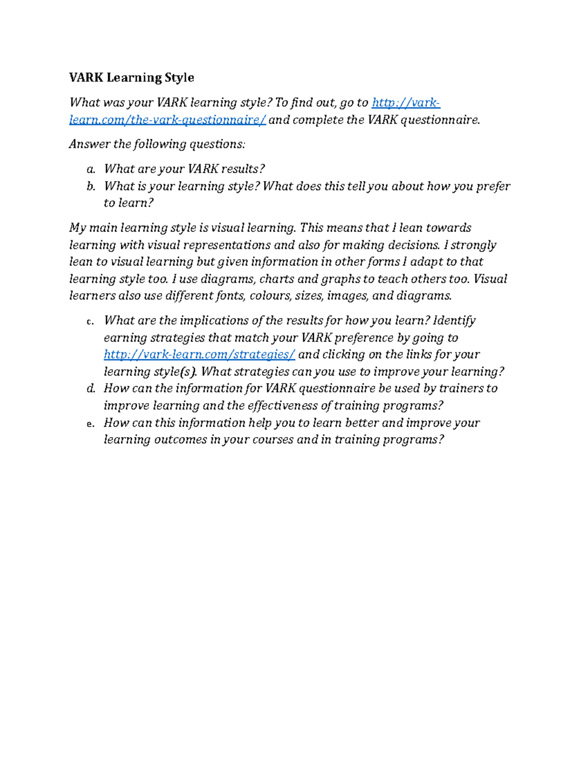 VARK Learning Style - Activity - VARK Learning Style What was your VARK ...