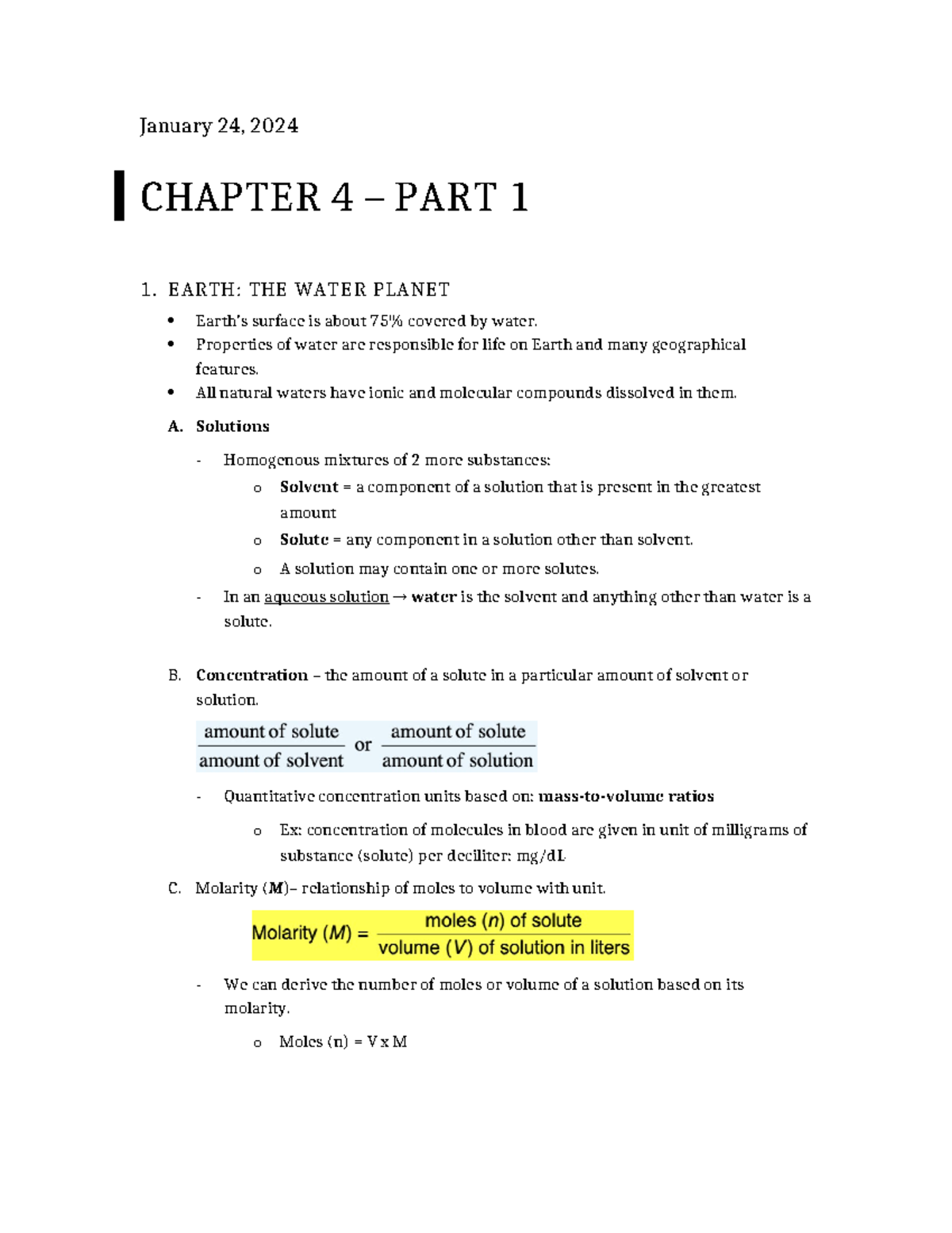 Chapter 4 - part 1 - January 24, 2024 CHAPTER 4 – PART 1 1. EARTH: THE ...