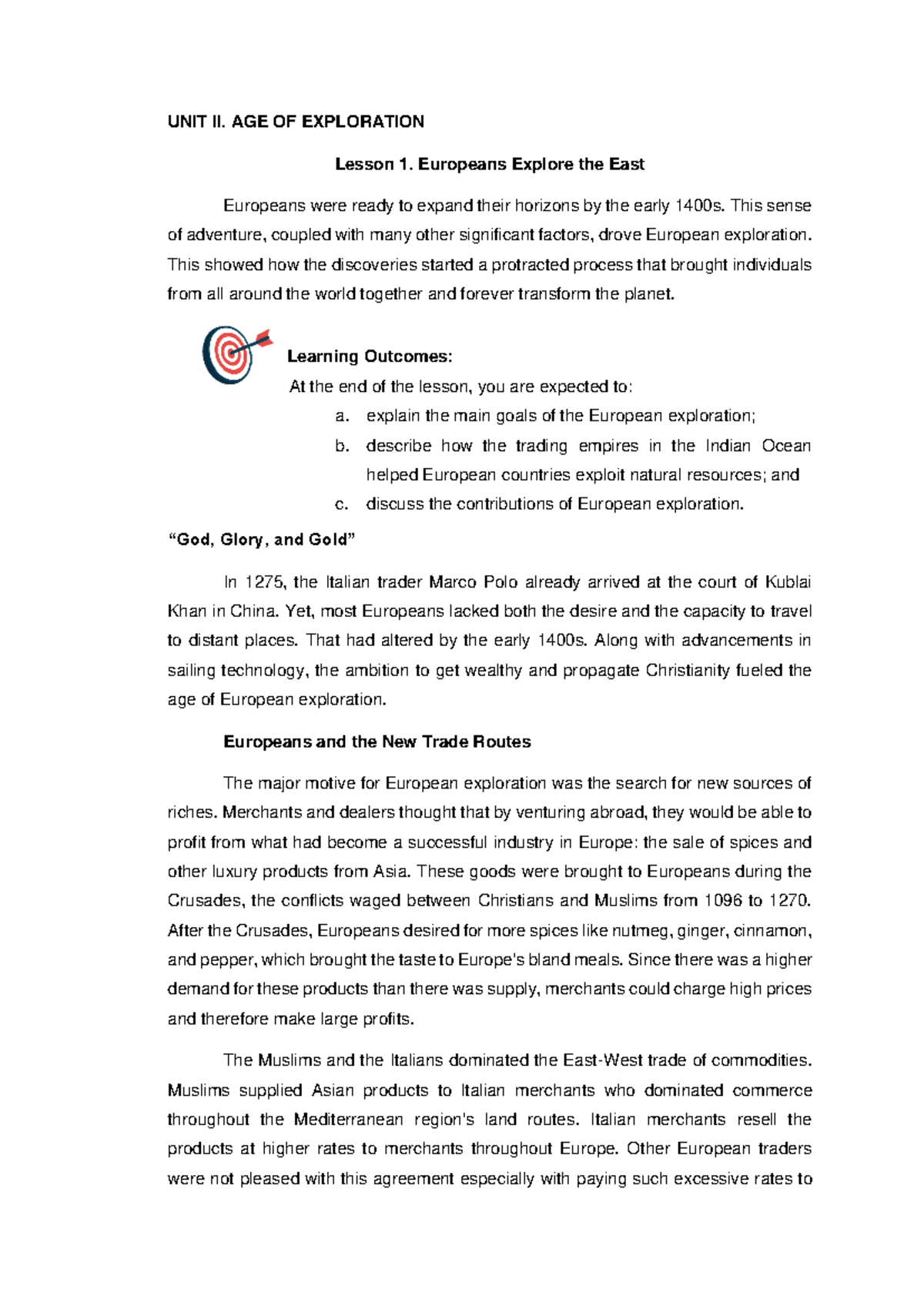 Unit-II - World History 2 - UNIT II. AGE OF EXPLORATION Lesson 1 ...