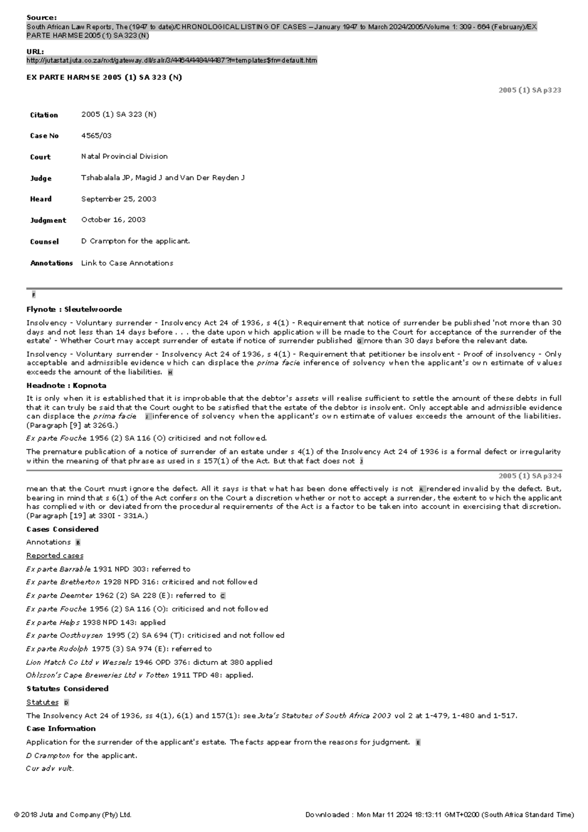 EX Parte Harmse 2005 (1) SA 323 (N) - Source: South African Law Reports ...