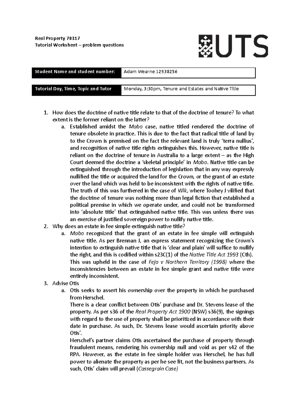 Tutorial Pre-Preparation Worksheet(1) - Real Property 70317 Tutorial ...