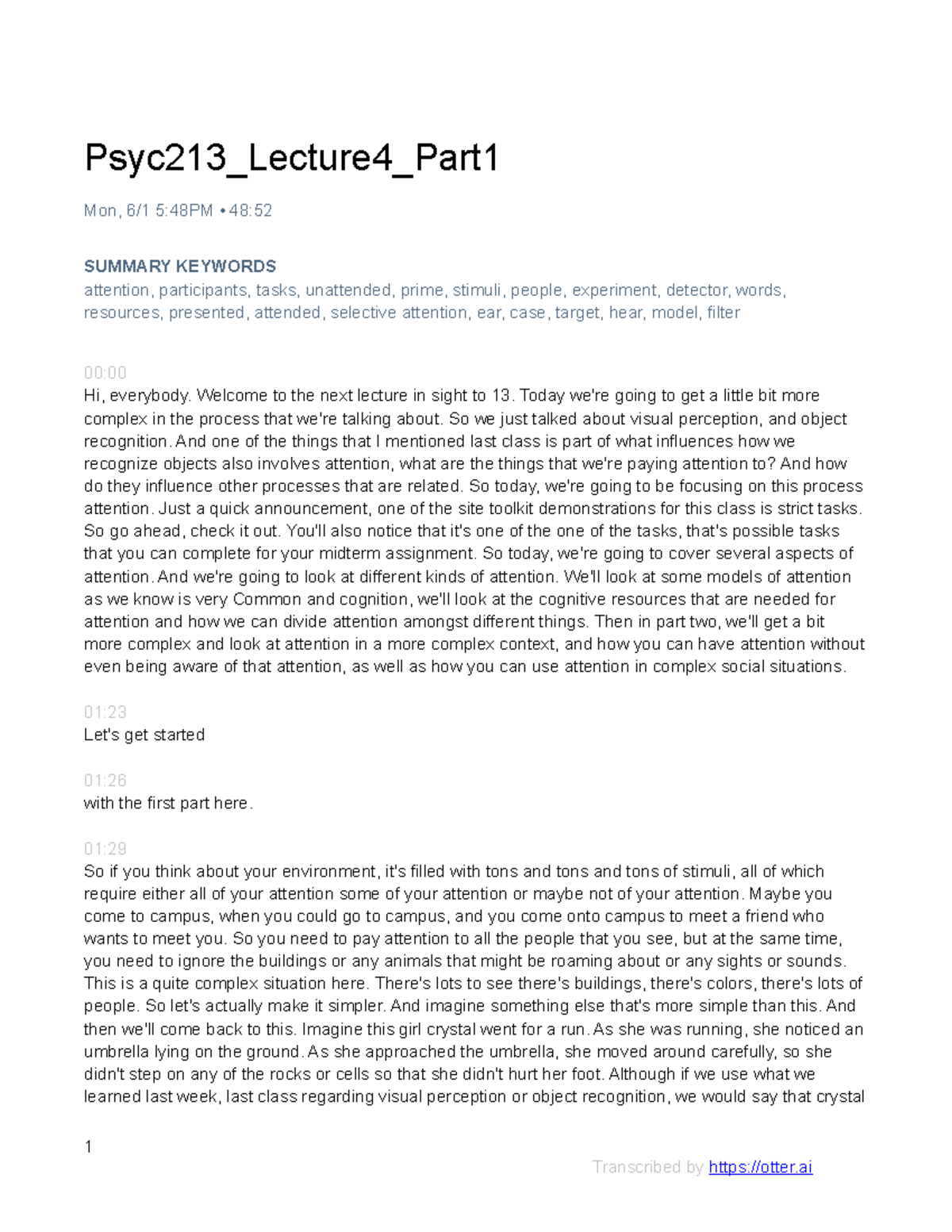 Psyc213 Lecture 4 Part1 Attention - Psyc213_Lecture4_Part Mon, 6/1 5:48PM • 48: SUMMARY KEYWORDS ...