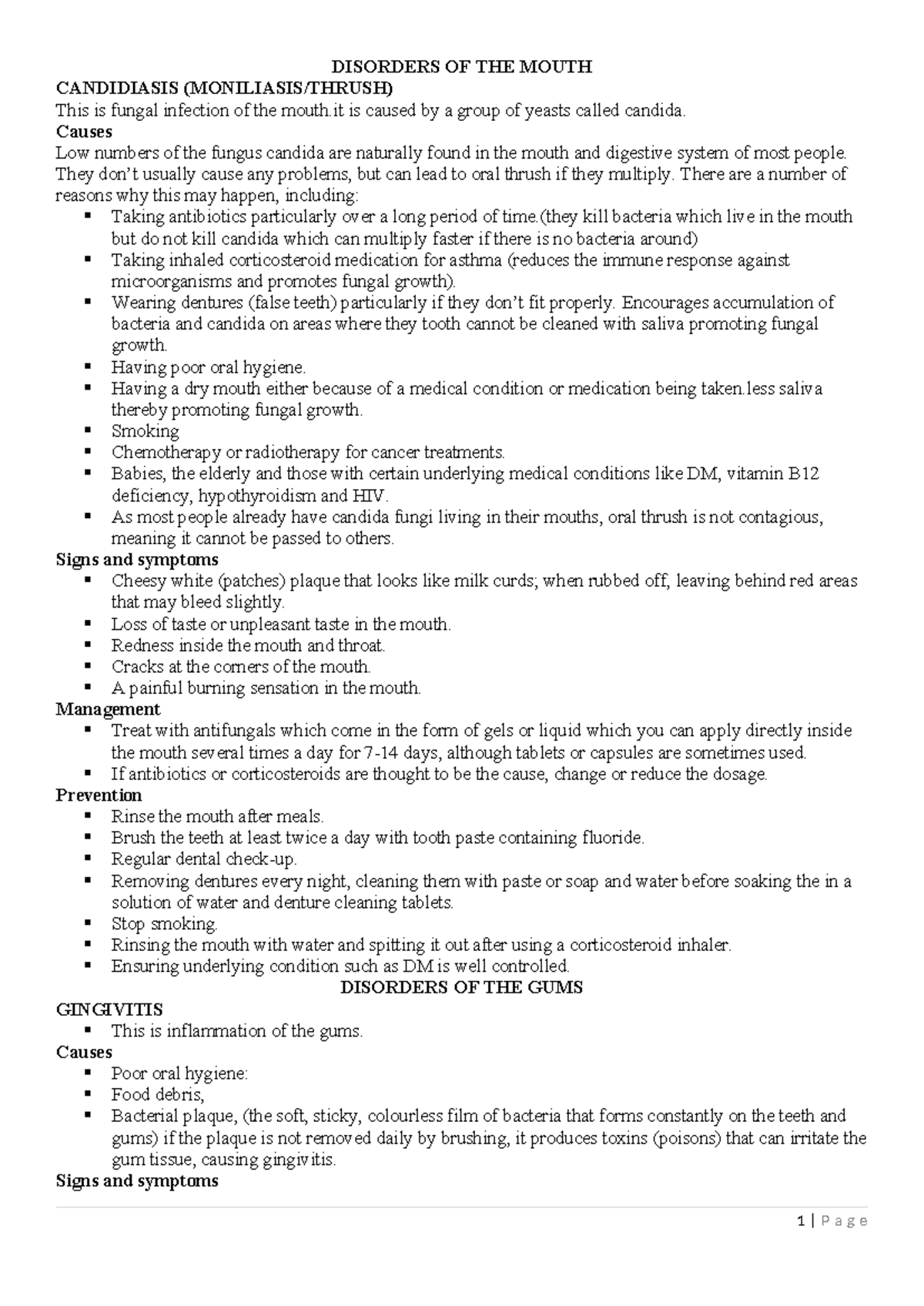 GIT Disorders-1 - Revision doc - DISORDERS OF THE MOUTH CANDIDIASIS ...