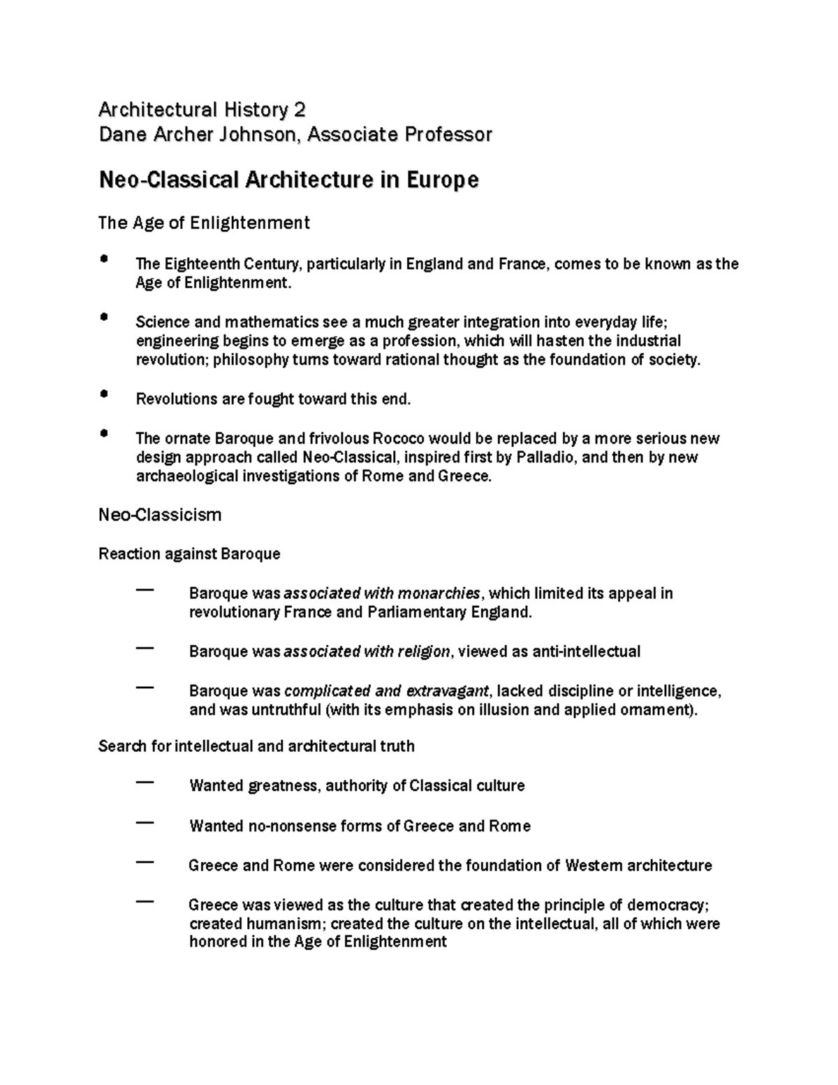 Neo-Classical Europe Outline - Architectural History 2 Dane Archer ...