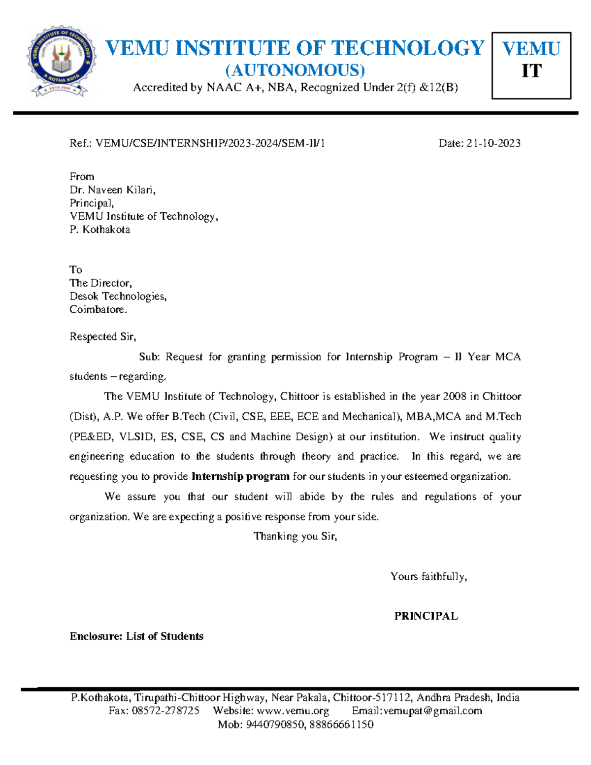 1 Letter from principal to organization - (AUTONOMOUS) Accredited by ...