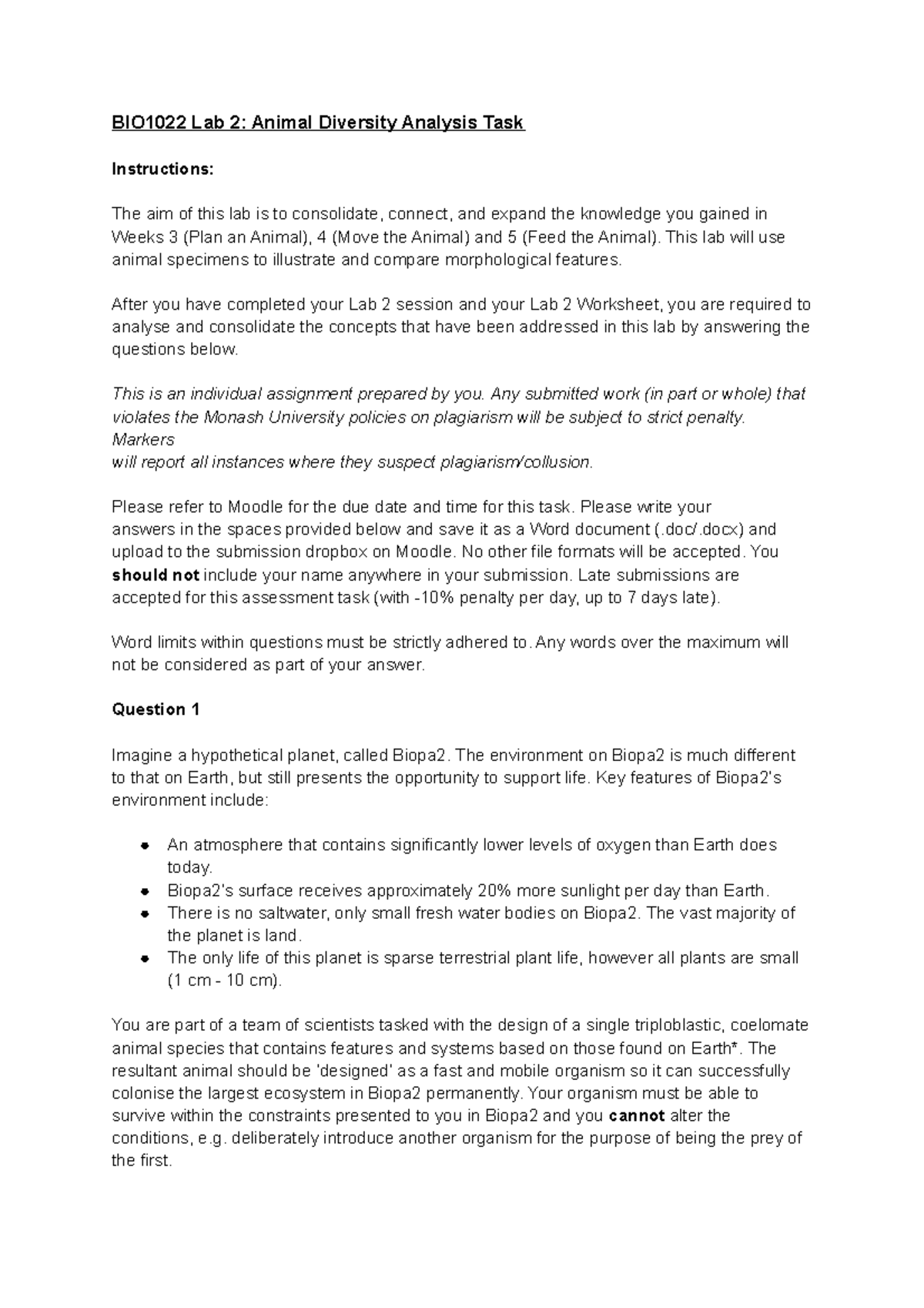 Animal Diversity Task - coursework - BIO1022 Lab 2: Animal Diversity ...