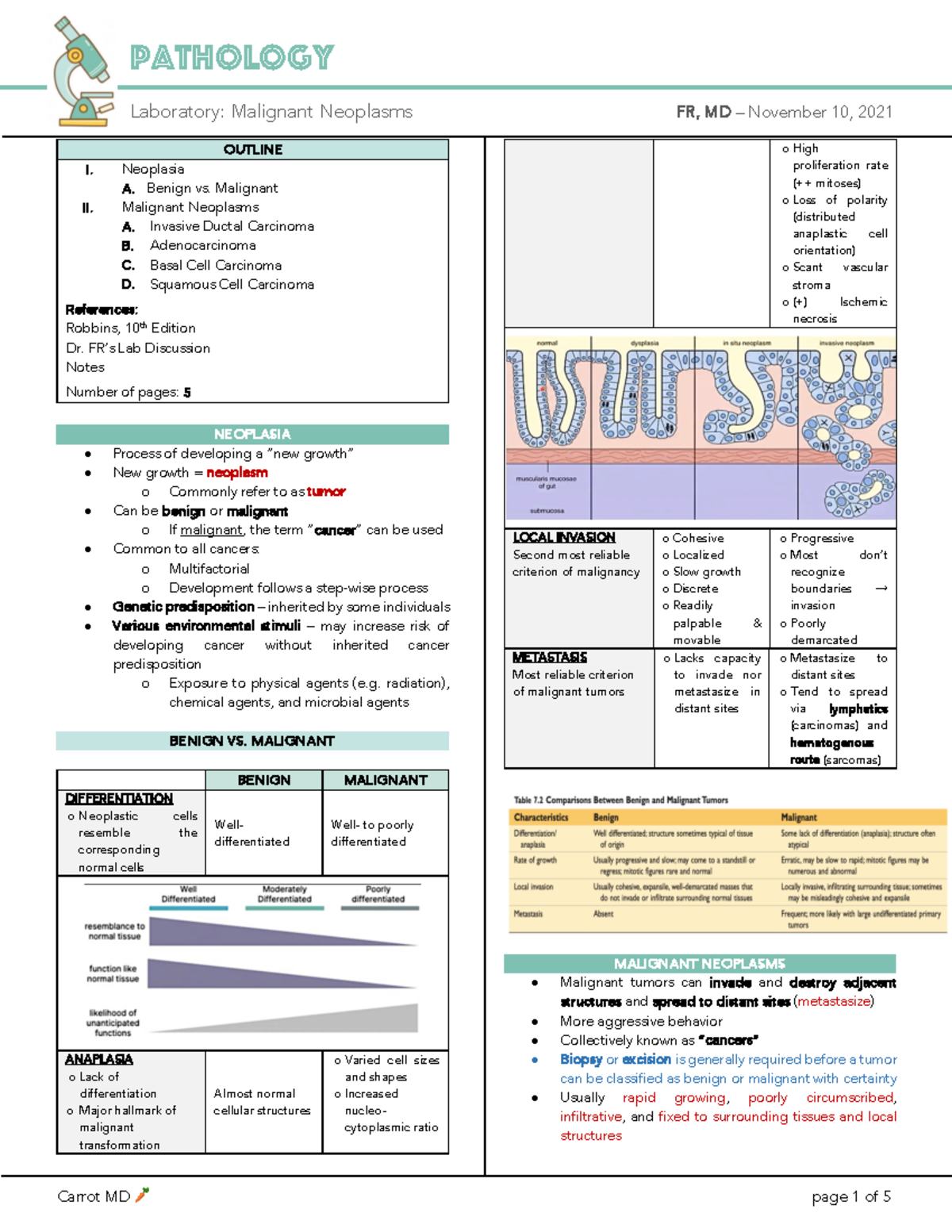 Malignant Neoplasms - Neoplasia A. Benign vs. Malignant II. Malignant ...