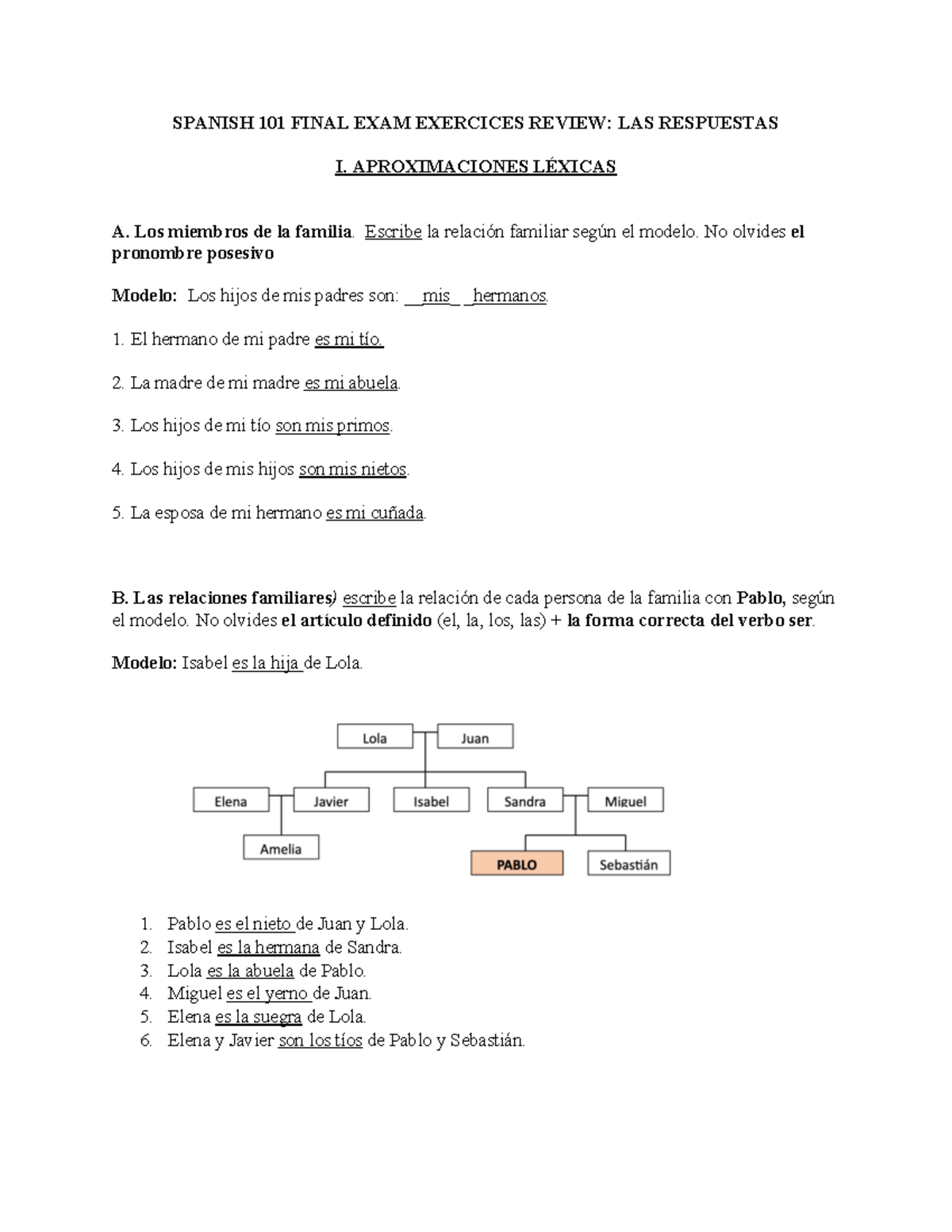 SPAN 101 W1 2023 Ejercicios de repaso para el examen final-Respuestas ...