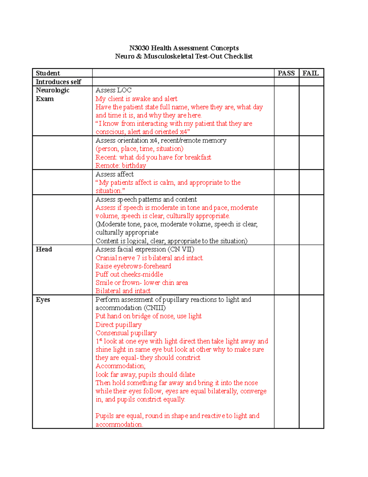 Neuro & MS Test Out Checklist - N3030 Health Assessment Concepts Neuro ...