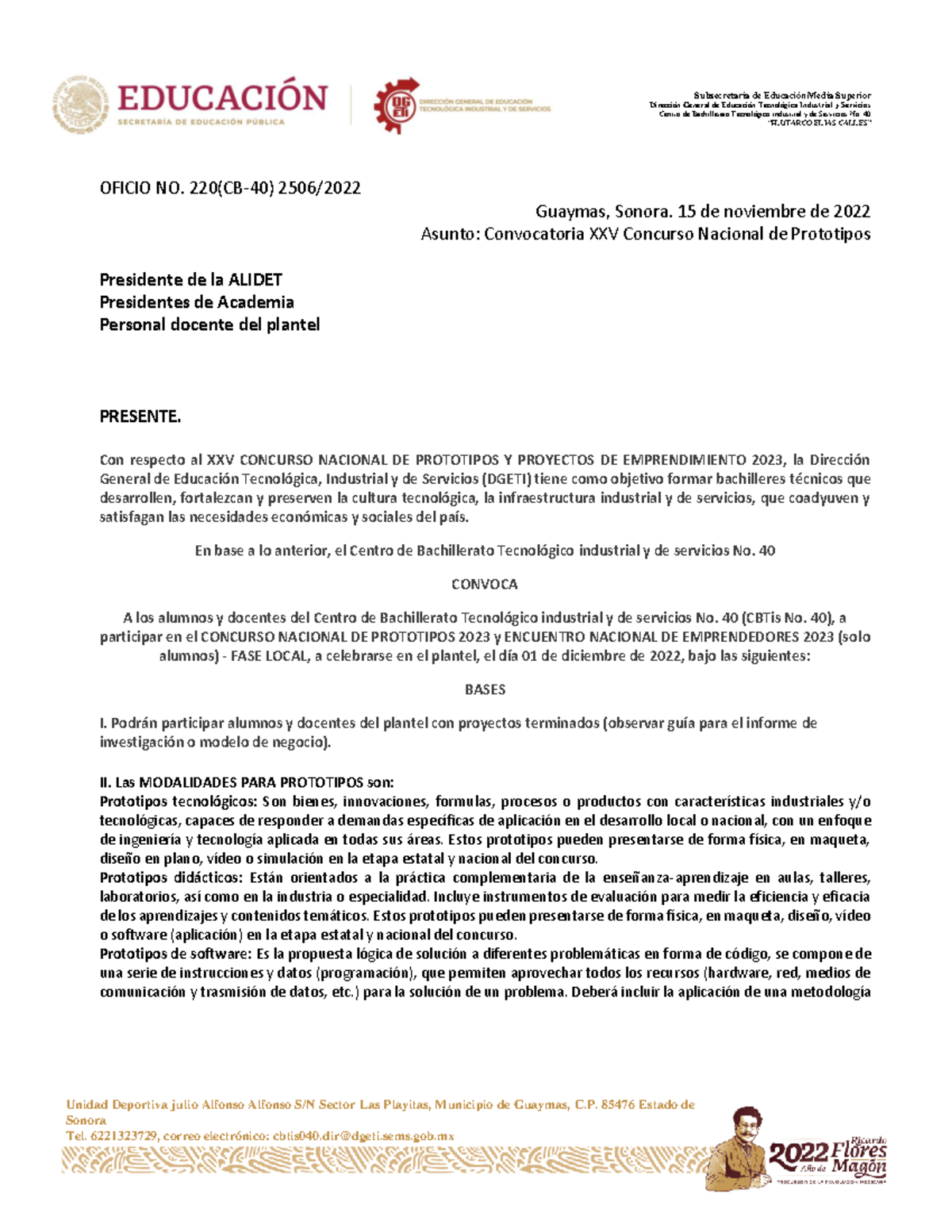 Convocatoria interna CBTis 40 Prototipos - Subsecretaría de Educación ...