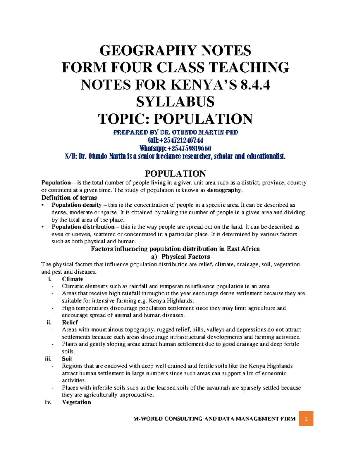 Form Four Geography Topic Population KCS - GEOGRAPHY NOTES FORM FOUR ...