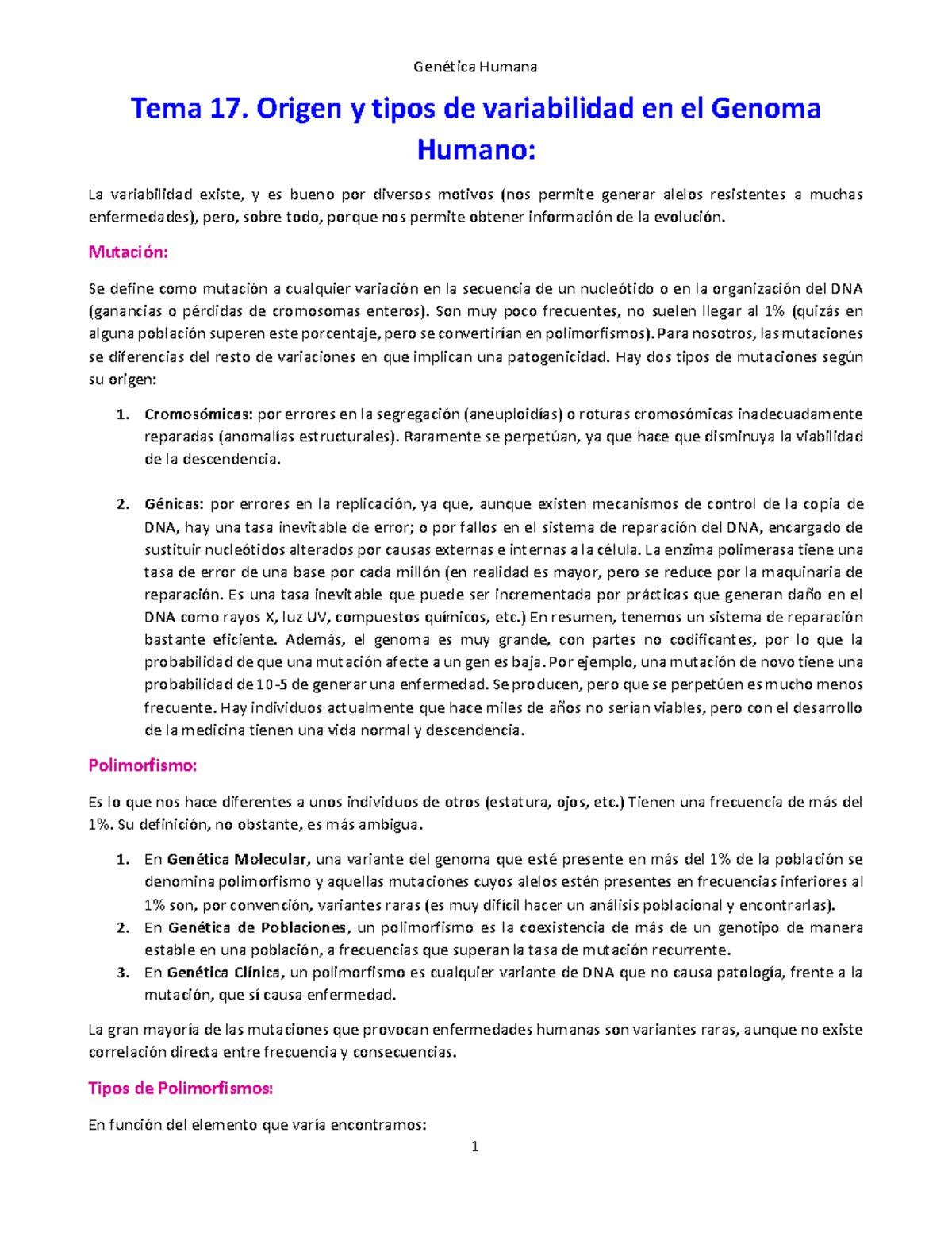 Genética Humana - Temas 17, 18 y 19 - Genética Humana Tema 17. Origen y ...