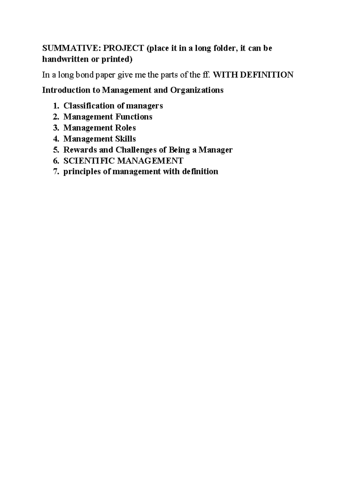 Summative Oragnization AND Mangement - SUMMATIVE: PROJECT (place it in ...