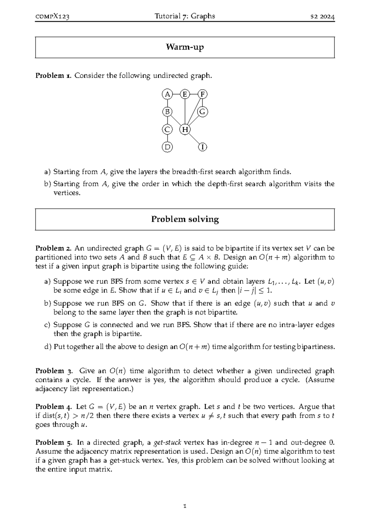 Tutorial 7 - Graphs - compX 123 Tutorial 7 : Graphs s2 2024 Warm-up Problem 1. Consider the ...