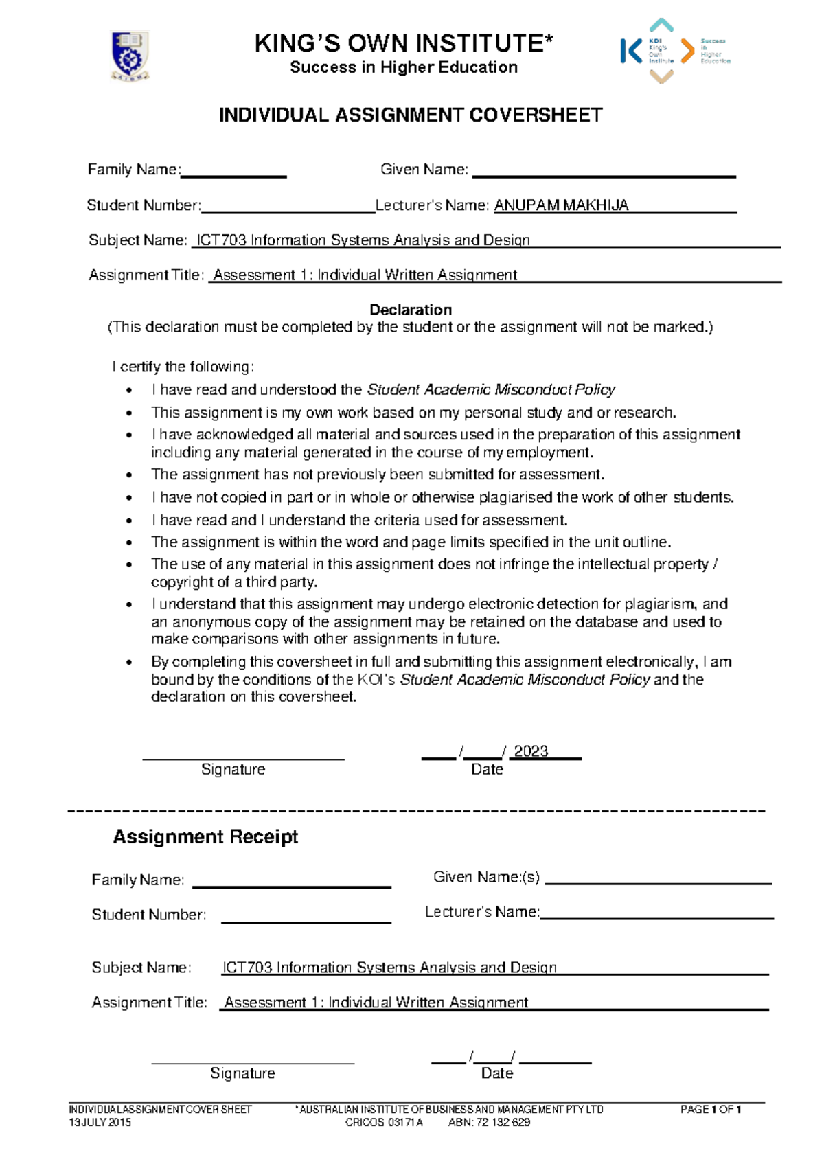 ICT703 Assignment 1 Sample - INDIVIDUAL ASSIGNMENT COVERSHEET Family ...