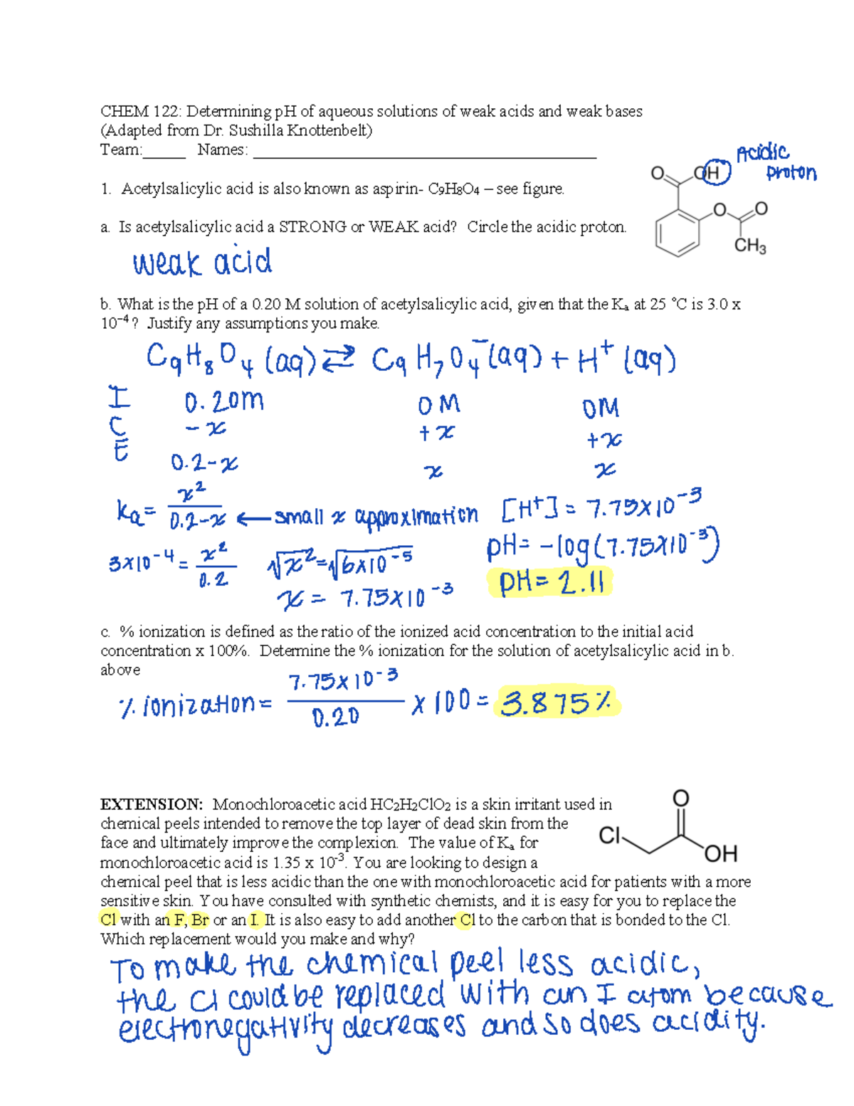 Worksheet 11 - CHEM 122: Determining pH of aqueous solutions of weak ...