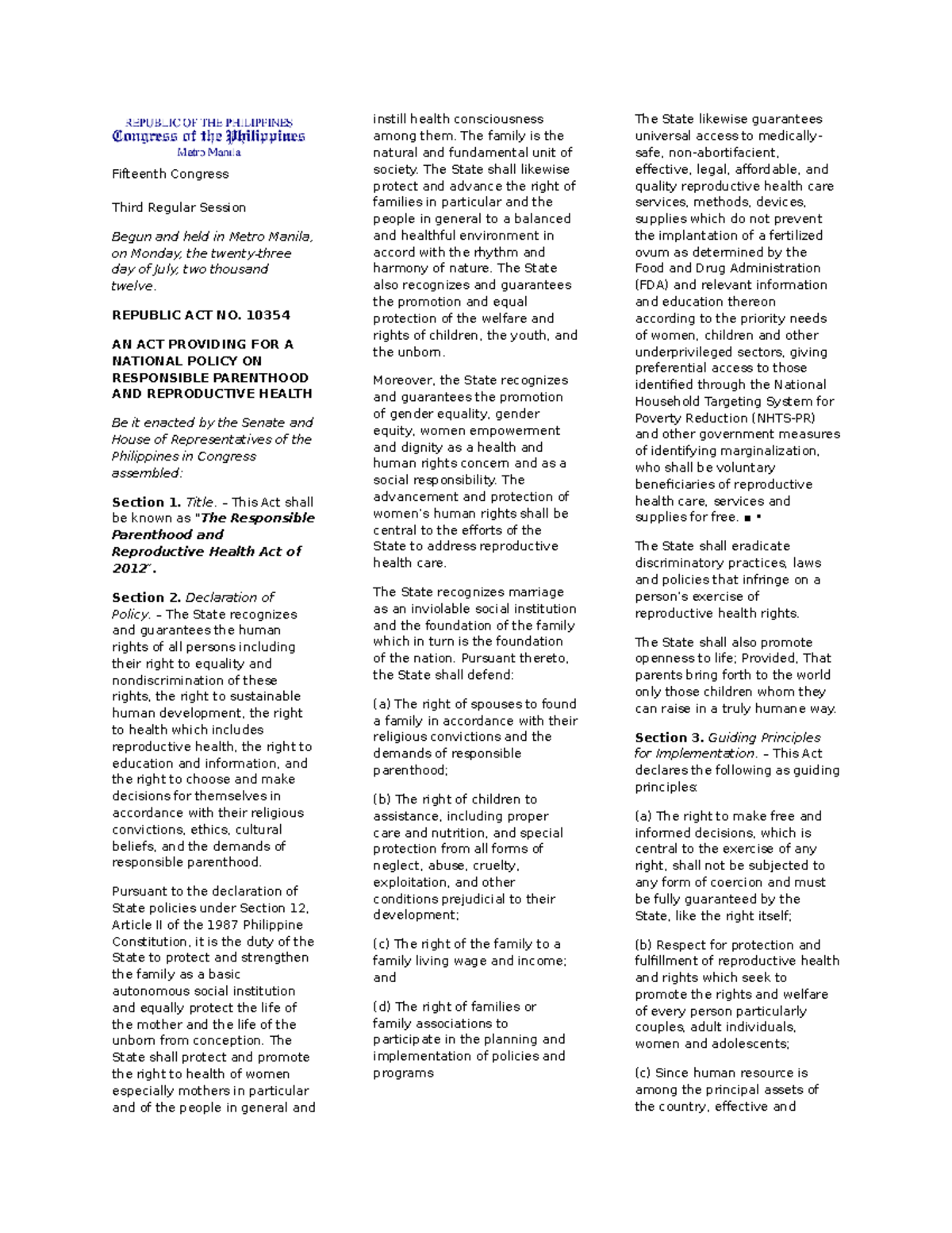 Republic Act 10354 - Fifteenth Congress Third Regular Session Begun and ...