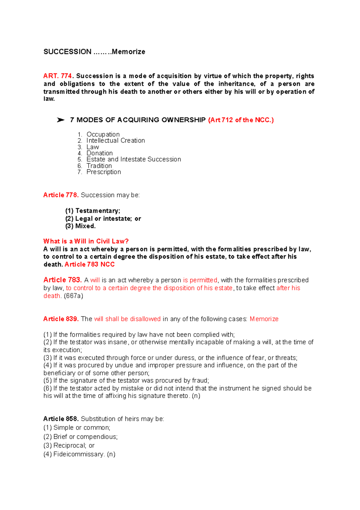 Succession - SUCCESSION ....... ART. 774. Succession is a mode of ...
