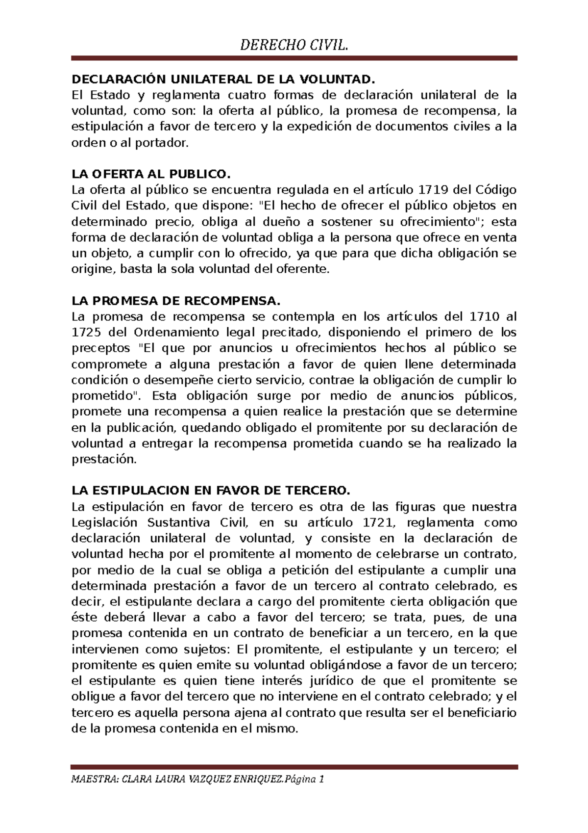 Fuentes de las obloigaciones como contratos. - DECLARACIÓN UNILATERAL ...