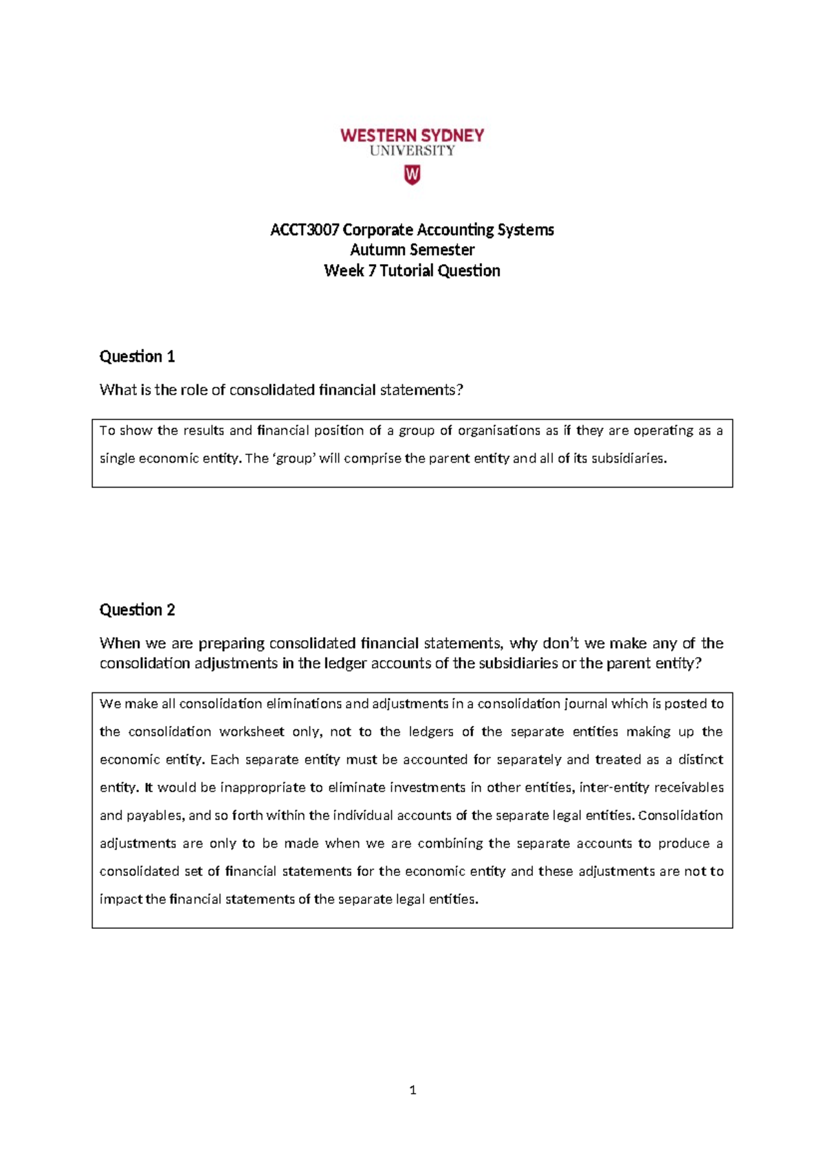 ACCT3007 Week 7 Tutorial Question - ACCT3007 Corporate Accounting Systems Autumn Semester Week 7 ...