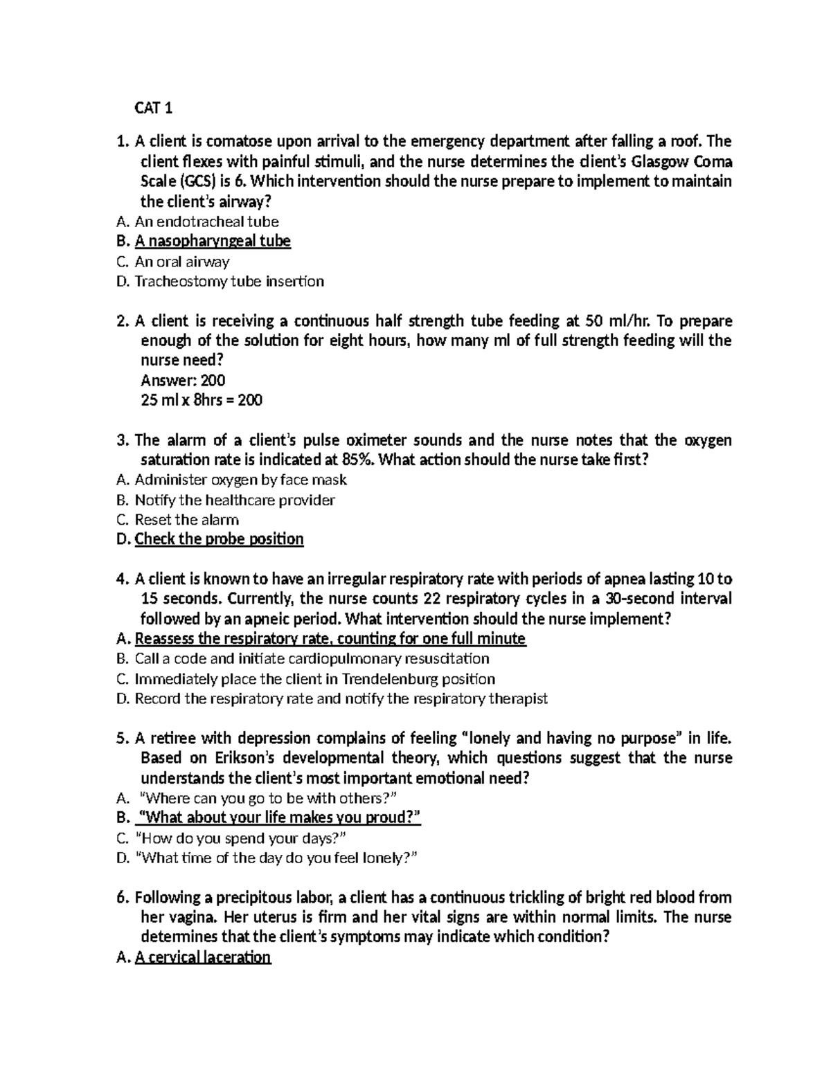 CAT 1 TO 4 MINE - HESI CAT EXAM QUESTIONS - CAT 1 A client is comatose ...