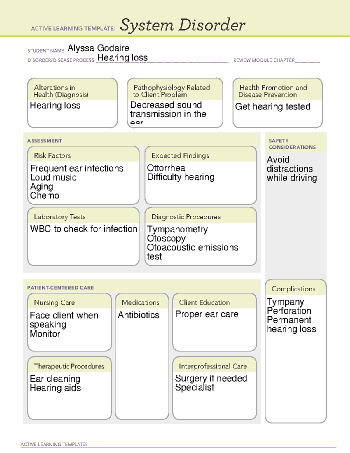 Hearing loss - Template - ACTIVE LEARNING TEMPLATES System Disorder ...