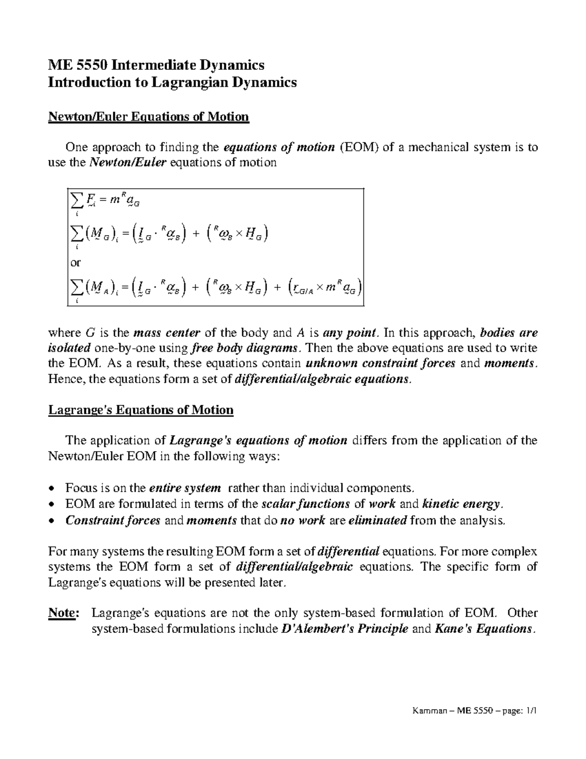 Me555Introduction Lagranges EOM - Kamman – ME 5550 – page: 1/ ME 5550 Intermediate Dynamics ...