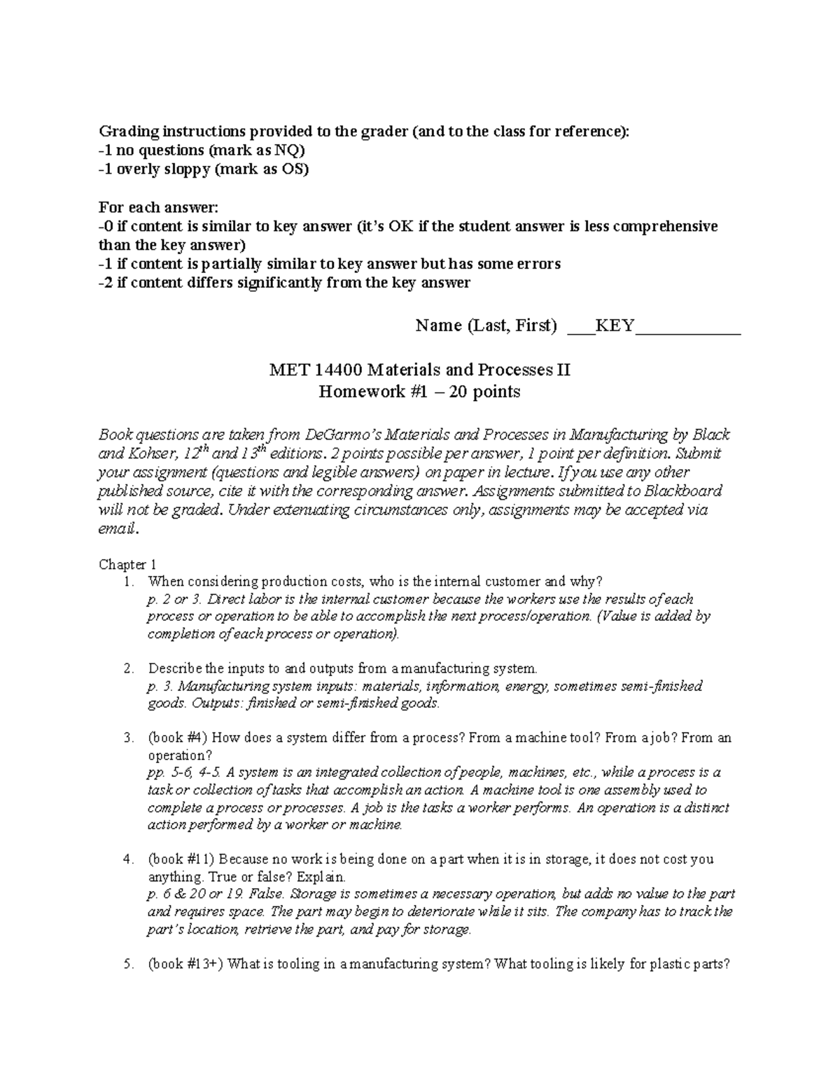 HW 1 MET 14400 key - Grading instructions provided to the grader (and ...