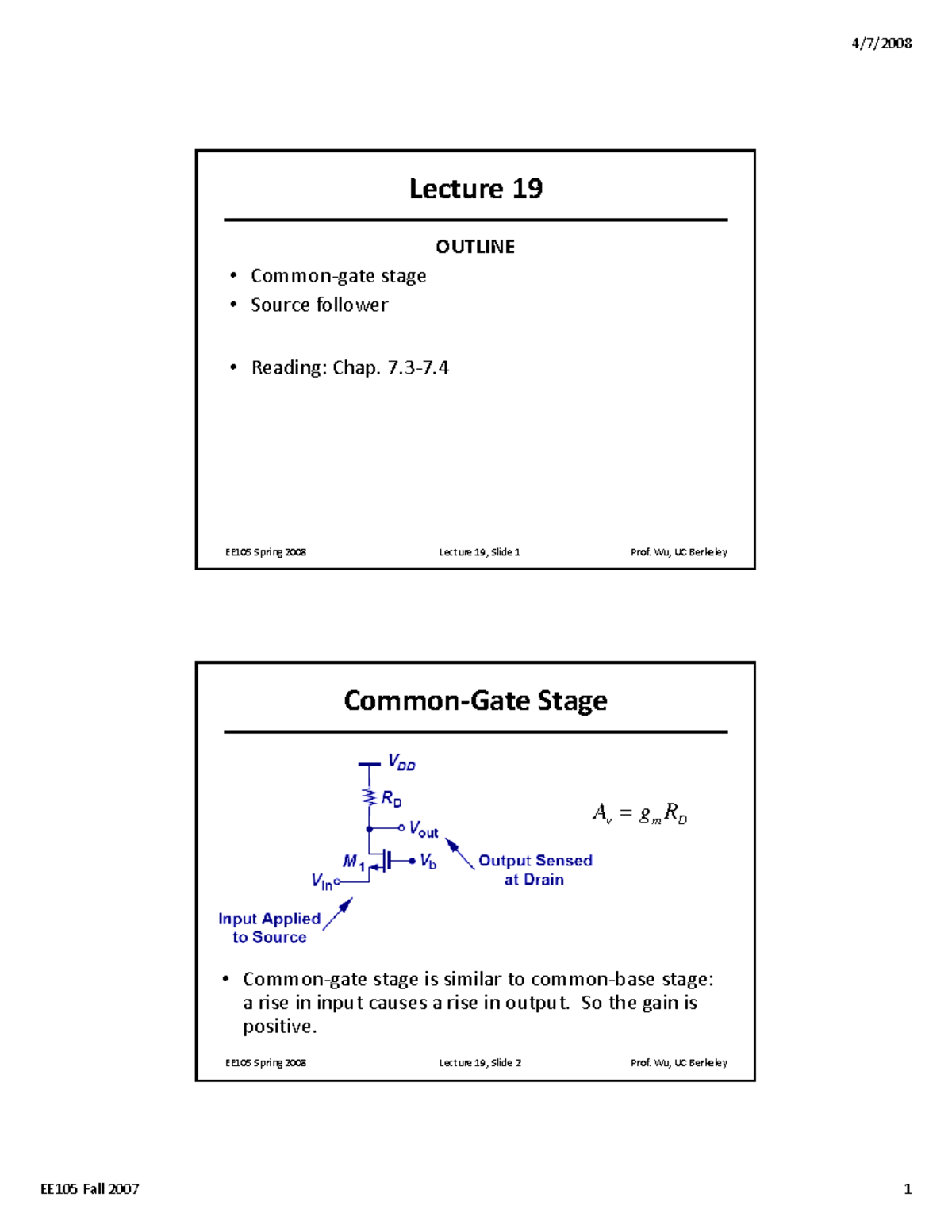 Lecture 19 2 - Circuits notes - Lecture 19 OUTLINE • Common‐gate stage ...