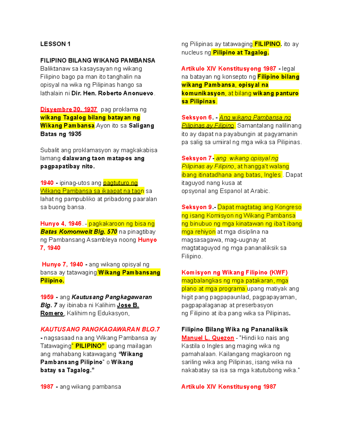 FILI Reviewer 1&2 - fili - LESSON 1 FILIPINO BILANG WIKANG PAMBANSA ...