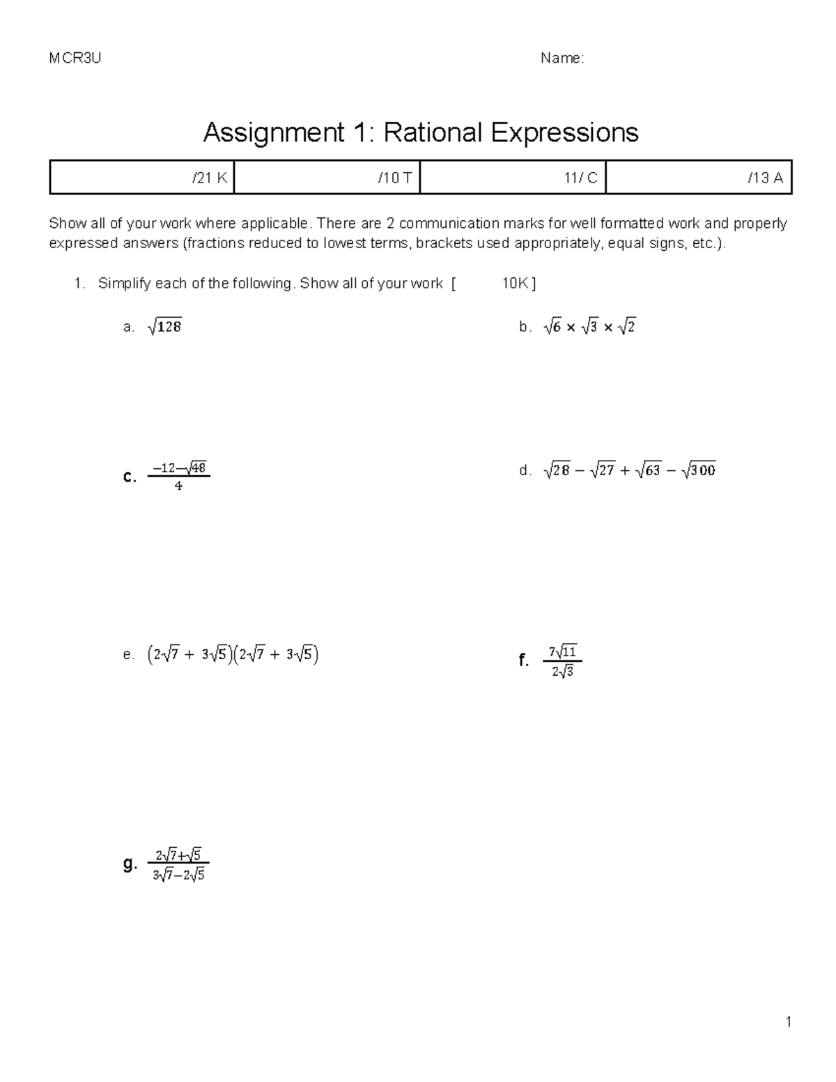 Math 1 - math.1pdf - MCR3U Name: Assignment 1: Rational Expressions /21 ...