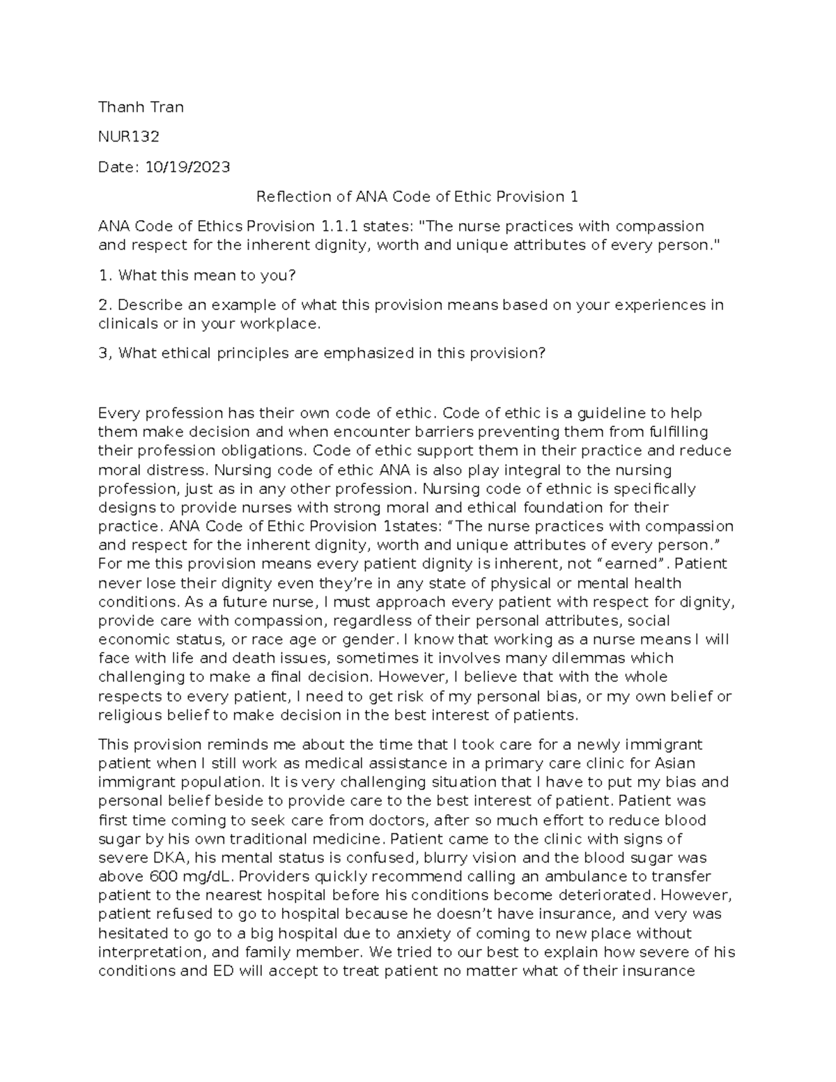 ANA Code of Ethic Provision 1 PHIL 132 - Thanh Tran NUR Date: 10/19 ...