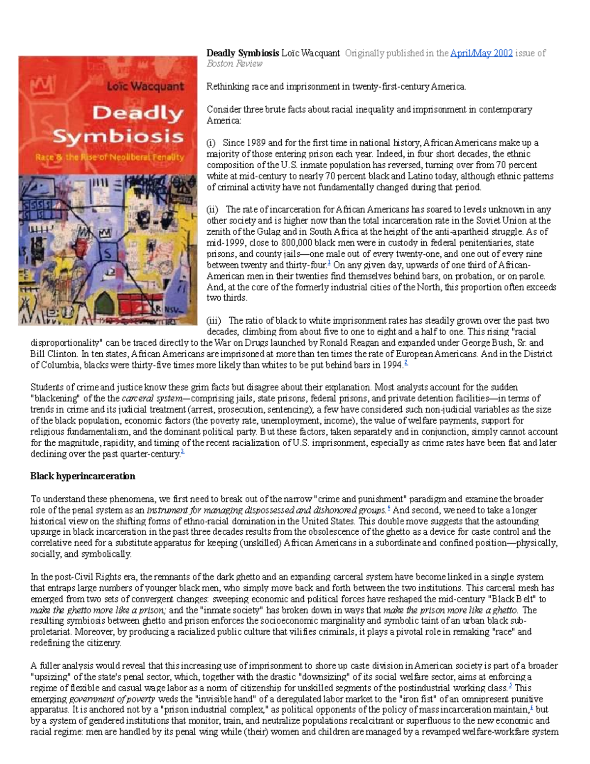 Waquant Deadly Symbiosis - Deadly Symbiosis Loïc Wacquant Originally ...